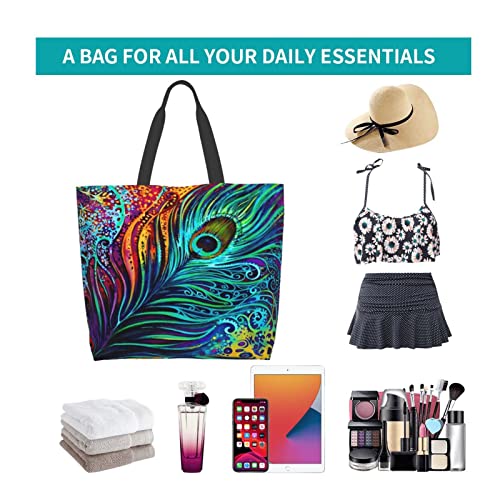 Qaxcdmky Peacock Feather Tote Bag Large Shoulder Bag Casual Reusable Handbag For Women Shopping Grocery Work