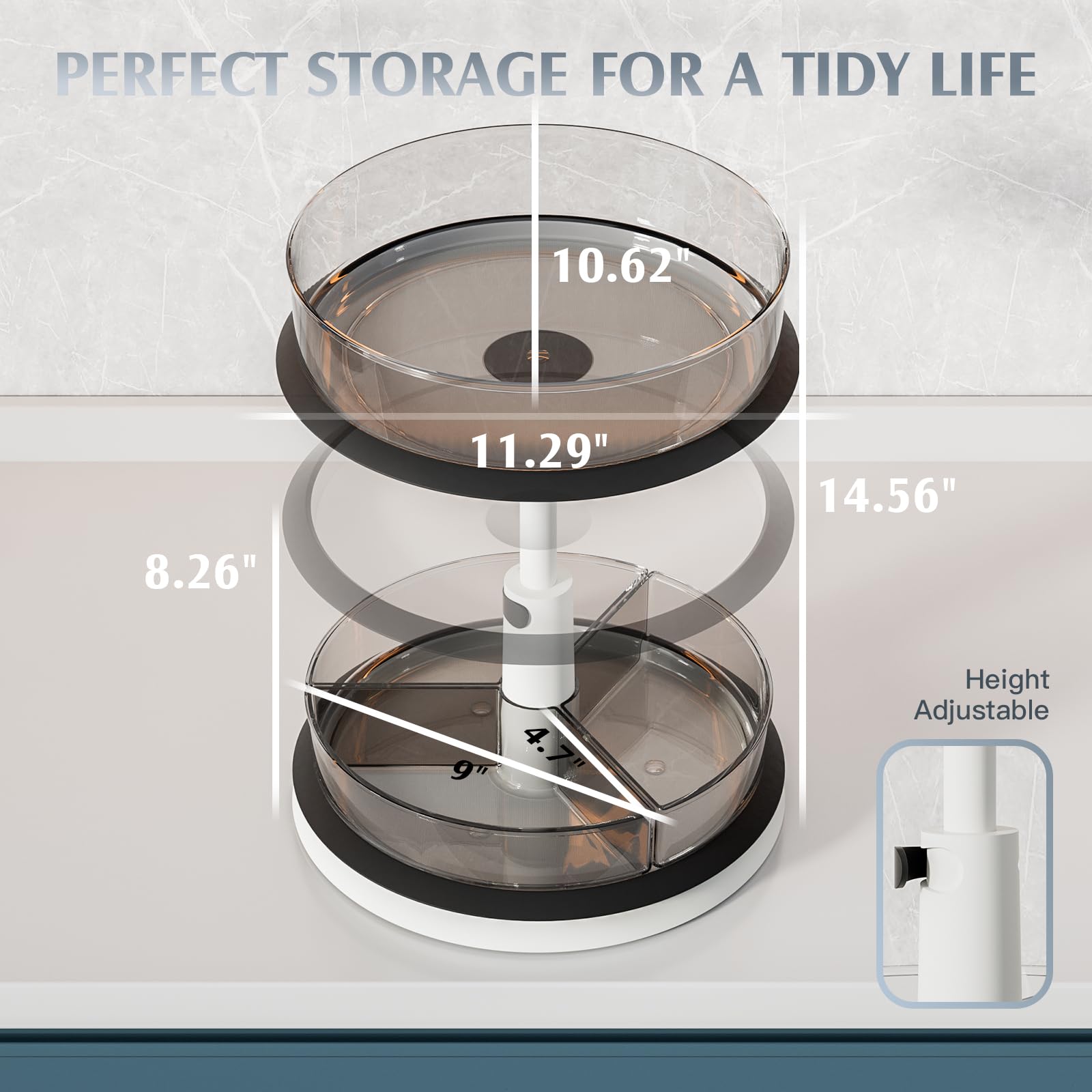 VERIFOST 2 Tier Lazy Susan Organizer, Height Adjustable Lazy Susan Turntable for Cabinet, Lazy Susan with 4 BPA Free Removable Clear Bins, 11 Inch Lazy Susan Spice Rack for Dining Table, Clear