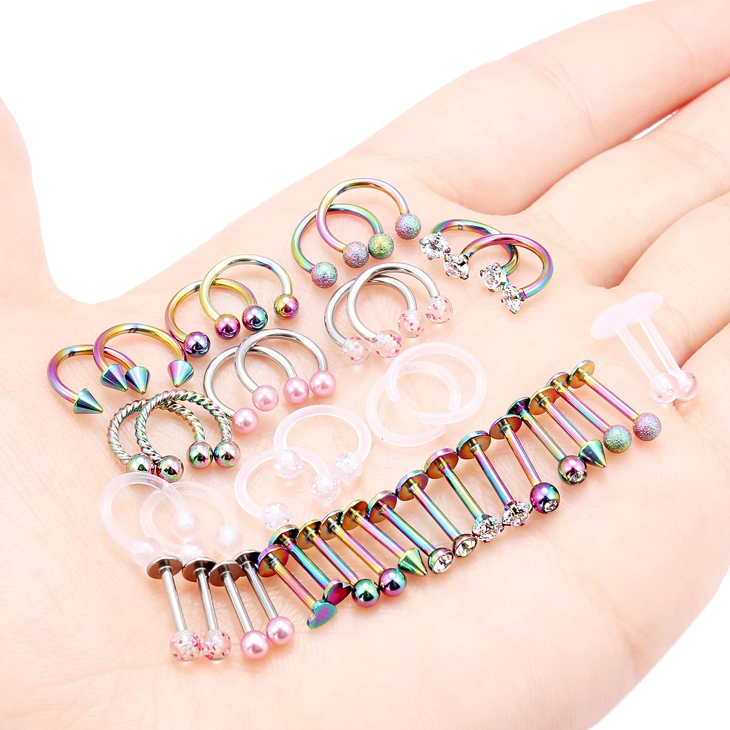 Hoeudjo 16G Surgical Steel Lip Rings Clear Diamond CZ Labret Studs Tragus Horseshoe Ring Helix Hoop Earring Body Jewelry Piercing Retainer for Women Men Rainbow