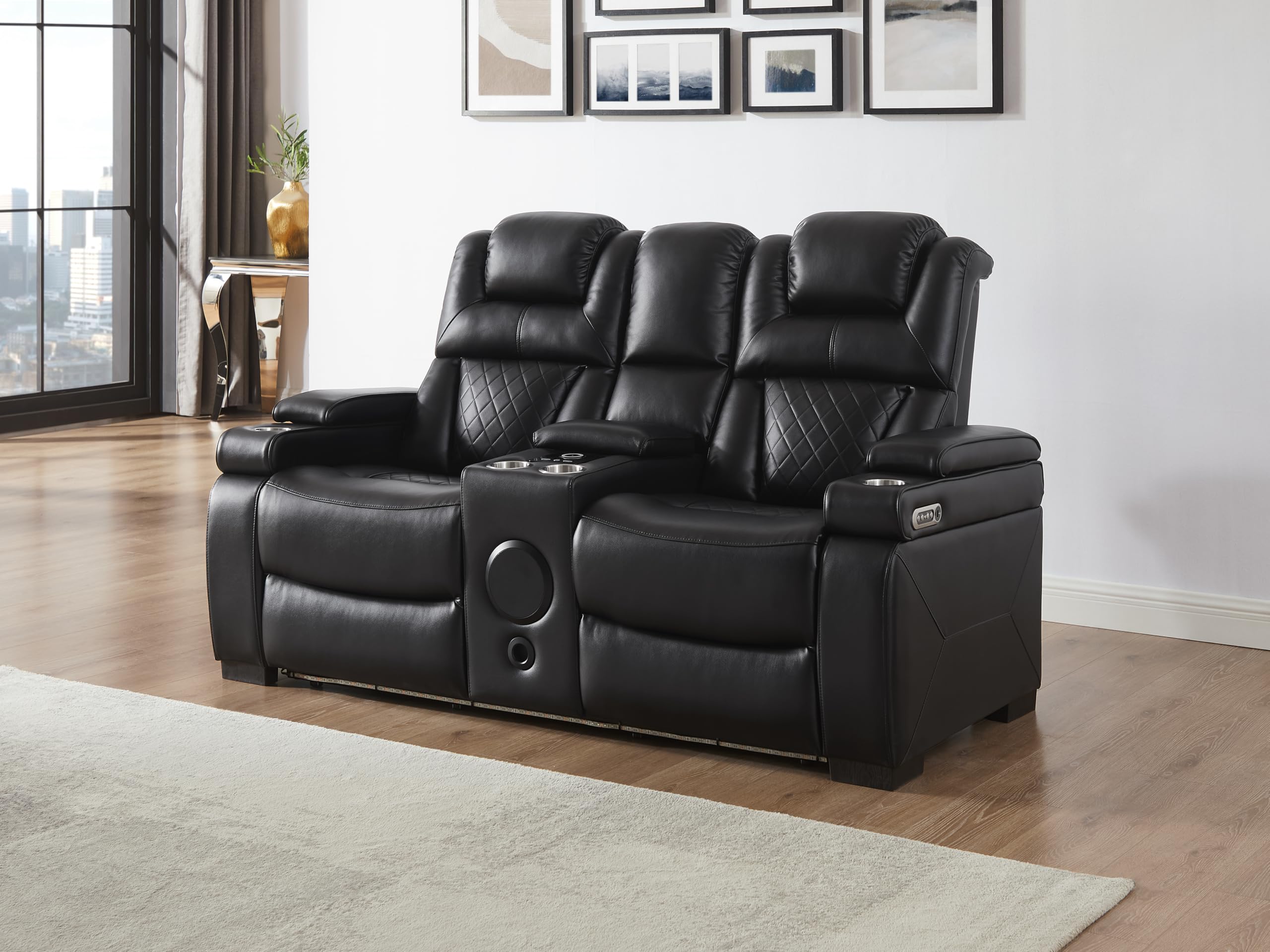THSUPER Power Breathable Leather Reclining Sofa Set with LED Light, Home Theater Seating Recliner Couch with Adjustable Headrest/Reading Light/USB Port/Wireless Charing/Bluetooth Speaker, Black