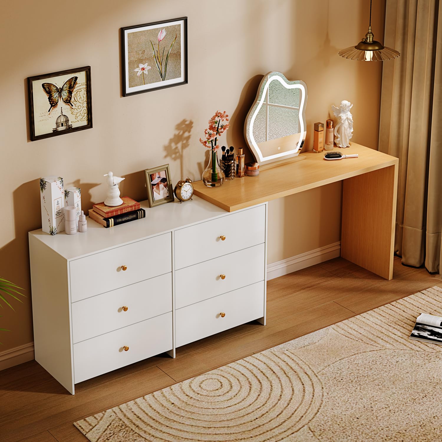 sbdmirau Vanity Desk with Mirror and with 3 Color Lighting Modes Adjustable Brightness, 6 Drawers Makeup Table for Bedroom Studio, 3-Sections Silent Slides Gift for Girls and Women, Grey