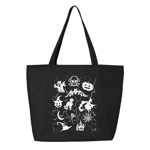 shop4ever Halloween Mash Witch Skull Pumpkin Cat Trick or Treat Heavy Canvas Tote with Zipper Reusable Shopping Bag Black ZIP 1