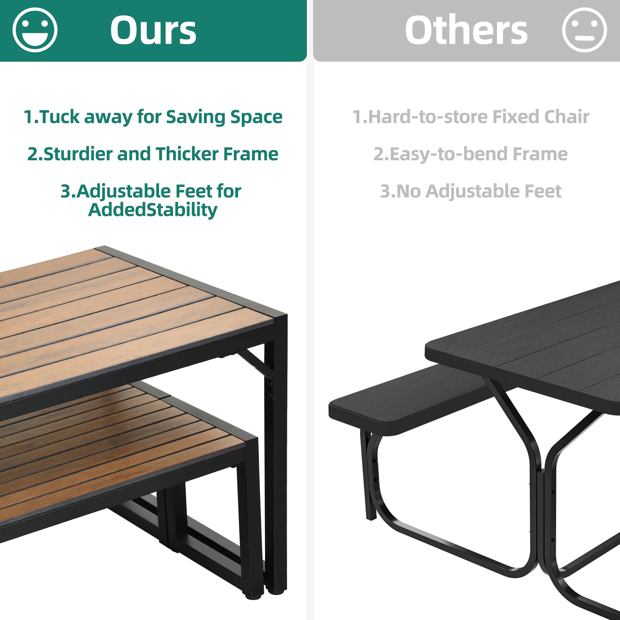 YITAHOME Patio Dining Table and Bench with Faux Wood Tabletop, Outdoor Dining Set for 4-6 People, All-Weather Picnic Conversation Set for Garden Backyard Poolside - Brown
