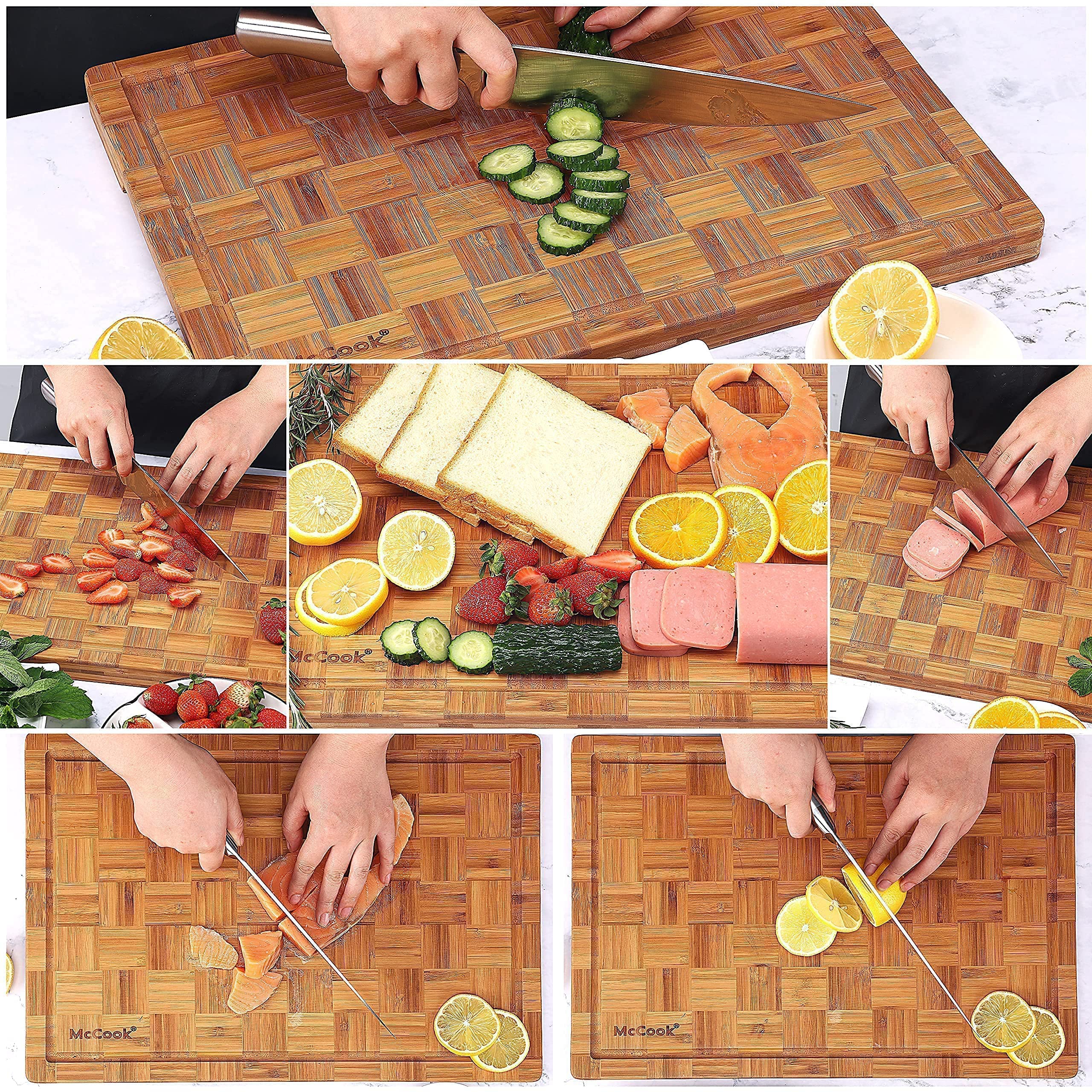 McCook MC25A German Stainless Steel Knife Block Sets with Built-in Sharpener + MCW12 Bamboo Cutting Board (Large, 17”x12”x1”)