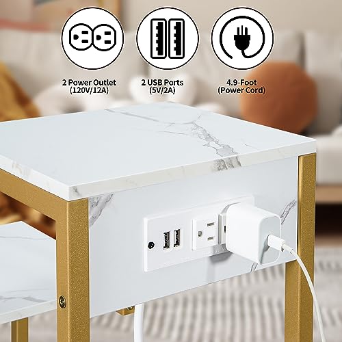 Snughome End Table with Charging Station, Narrow Side Table, 3 Tier Modern Nightstand with USB Ports and Outlet, Sofa Beside Table for Living Room, Bedroom,White and Gold
