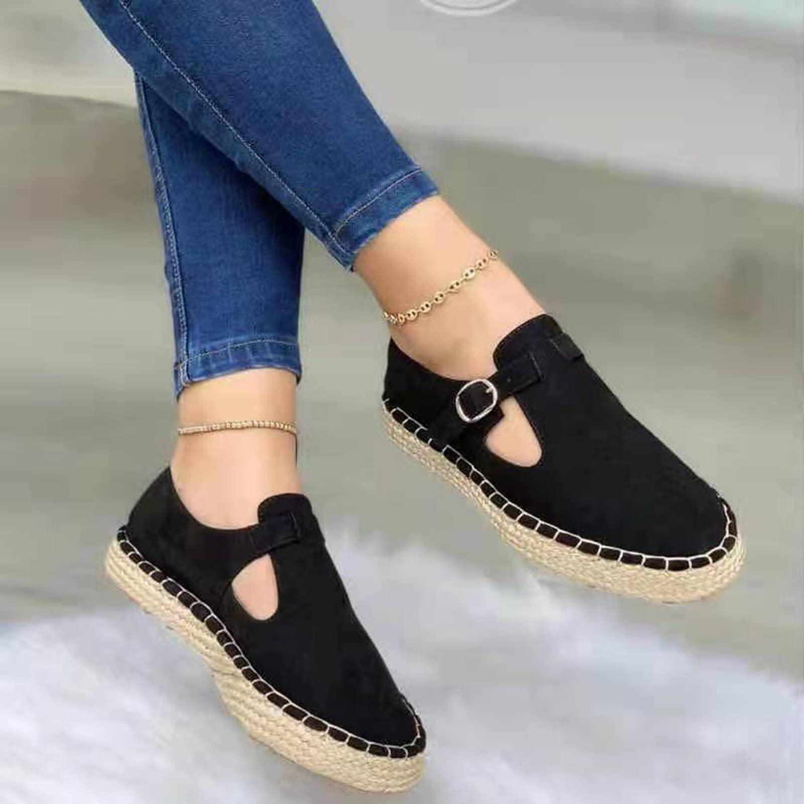 sckarle Women Espadrille Platform Wedges Sandals Ankle Straps Buckle Cutout Breathable Casual Summer Closed Toe Sandals