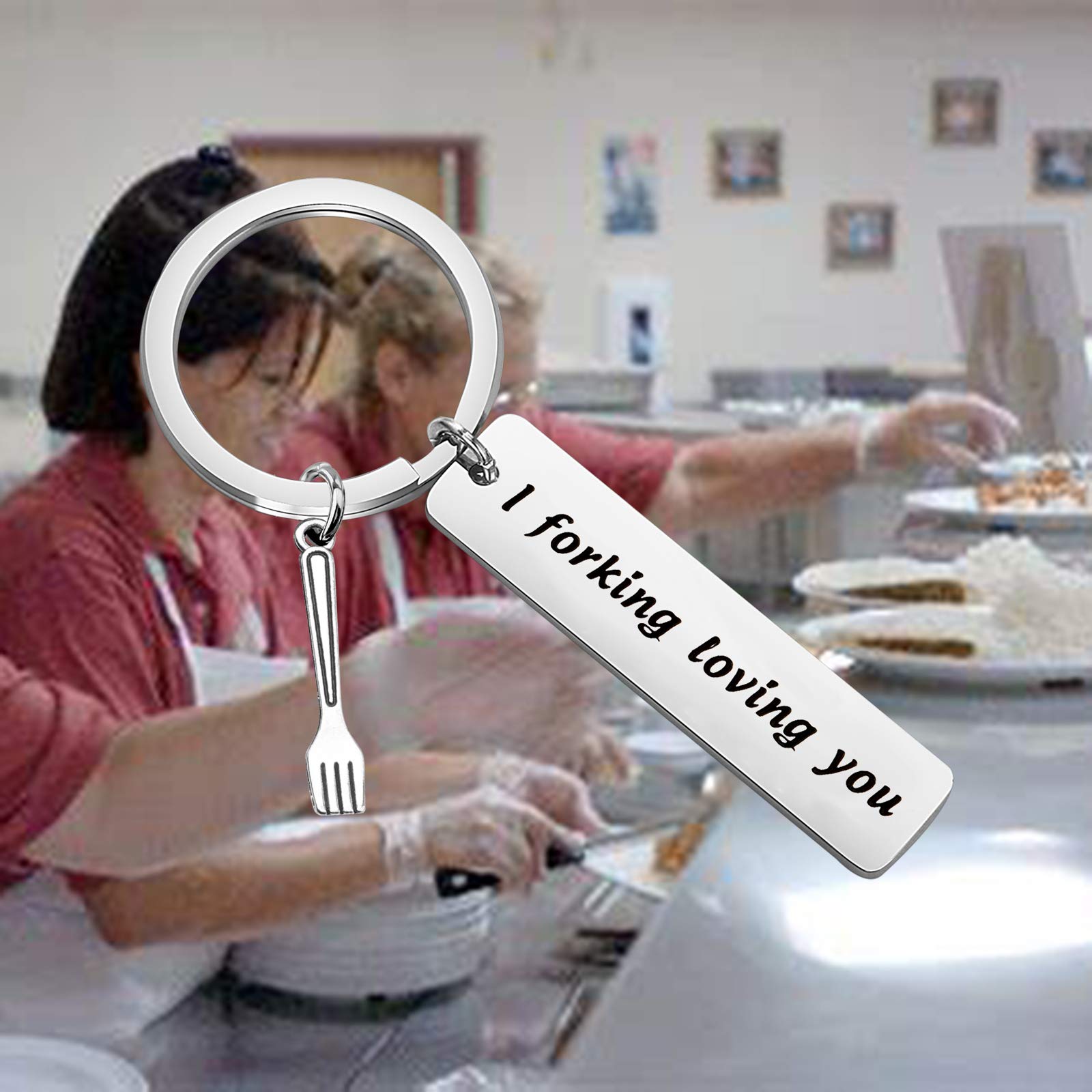HOLLP Lunch Lady Keychain Gift Lunch Lady Jewelry I Forking Love You Keychain Gift for Lunch Lady Cooker Cafeteria Worker Buffet Workers (Keychain)