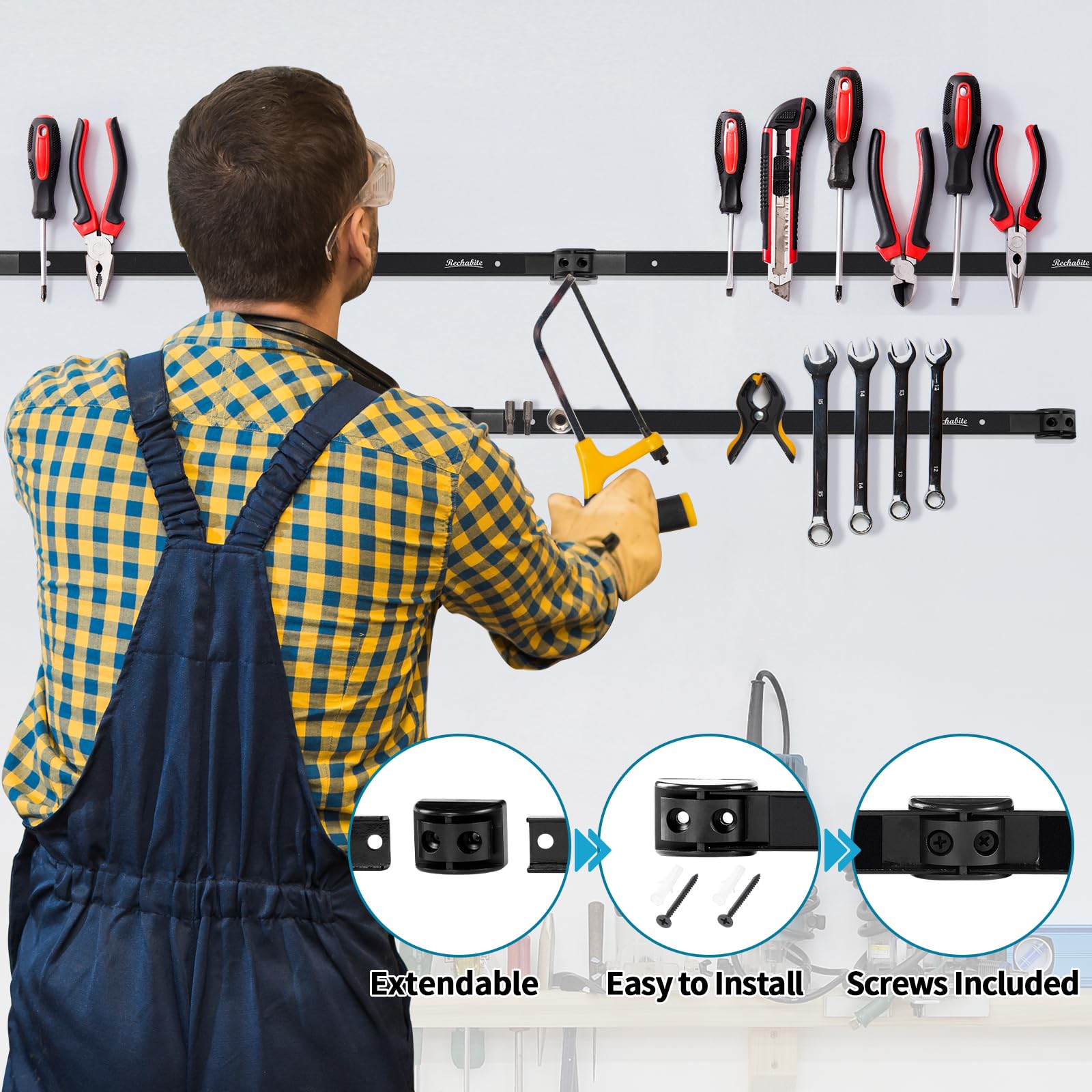 Rechabite 6 Pieces 24" Magnetic Tool Holder Strip, Black Magnet Bar, Metal Tool Organizer Rack for Garage Organization, Easy To Install in Workshop, Mounting Screws Included