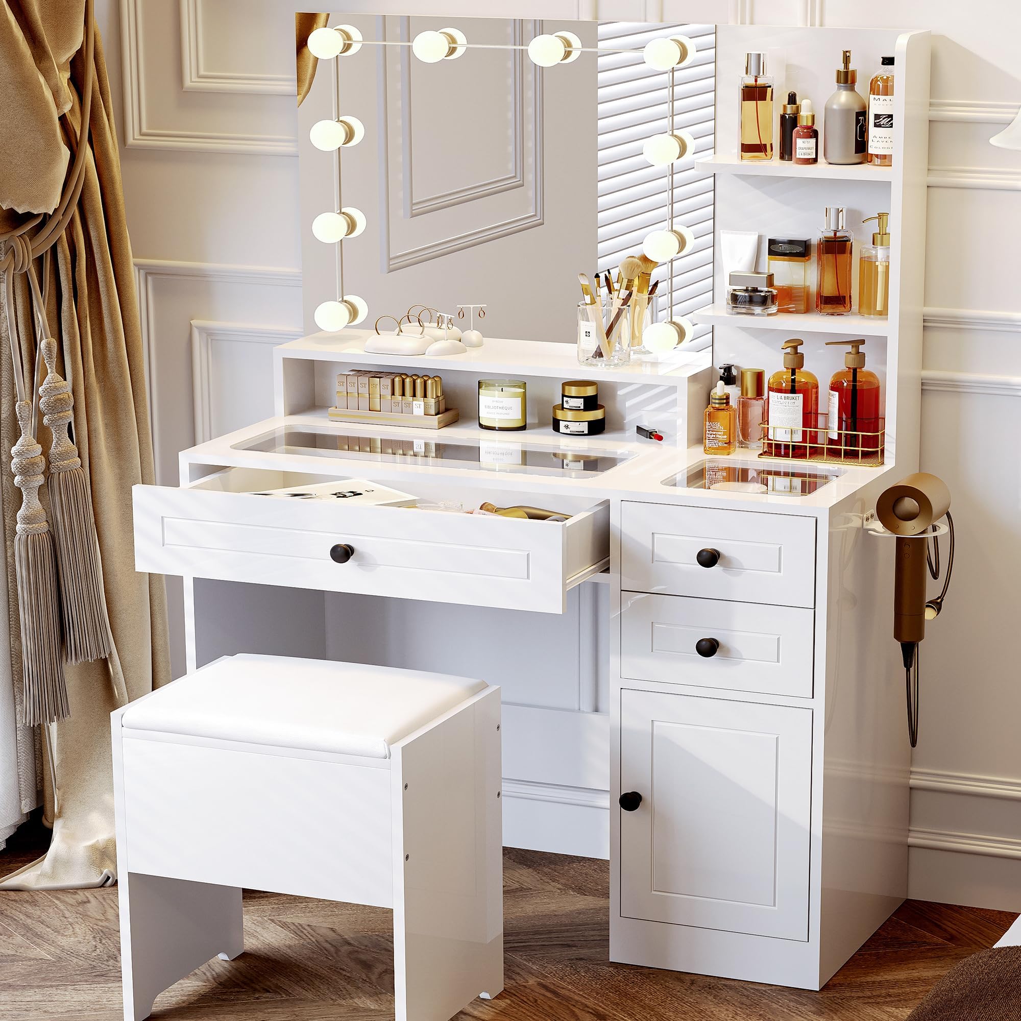 Spurgehom Makeup Vanity Desk with Mirror and Lights White Vanity Set with Drawers and Stool 37" Glass Top Dressing Table Shelves and Storage Cabinet 3 Lighting Modes Brightness Adjustable for Bedroom
