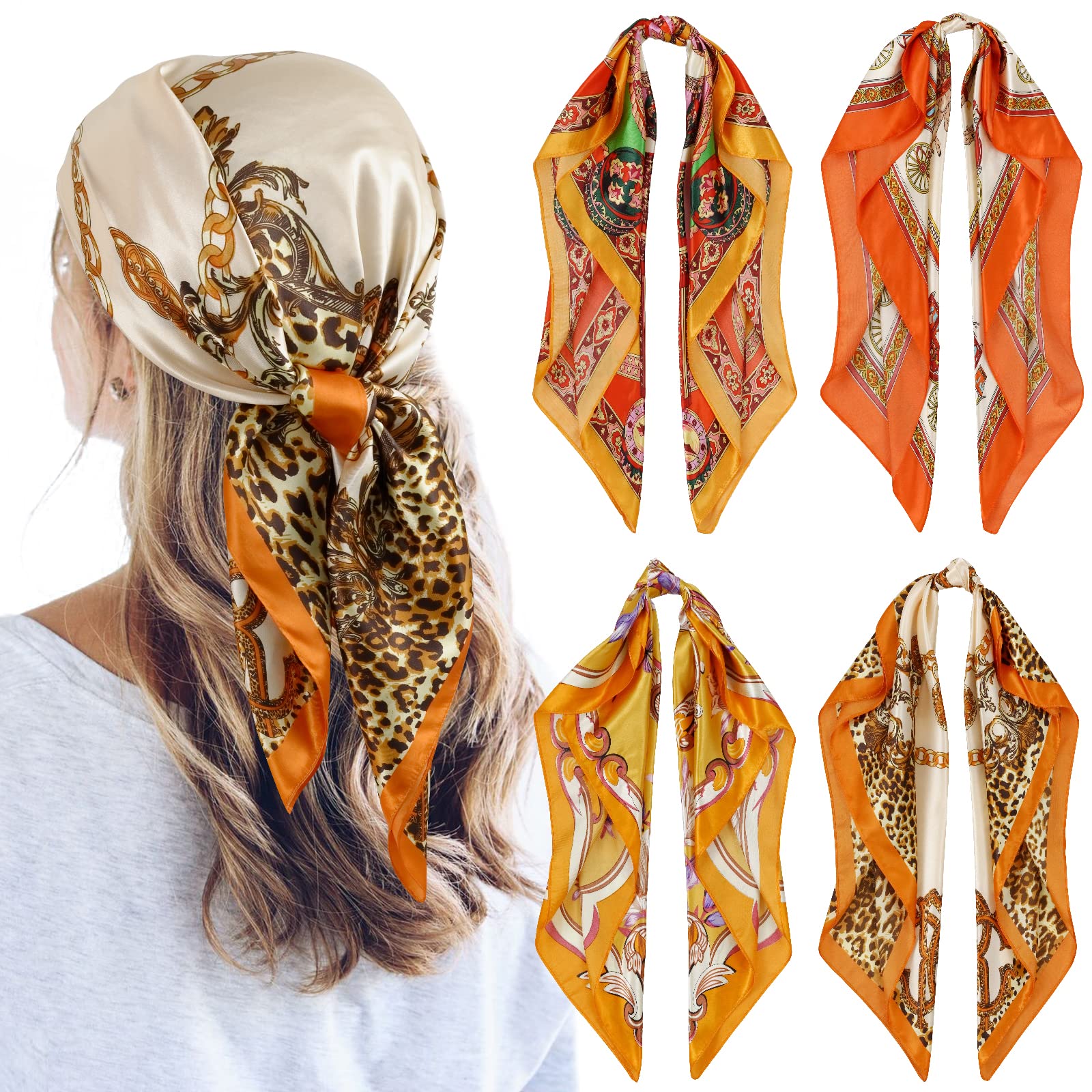 QBSM 4 Pcs 35'' Satin Head Scarf Silk Feeling Neck Scarves Hair Wrap for Sleeping Large Square Headscarf for Women
