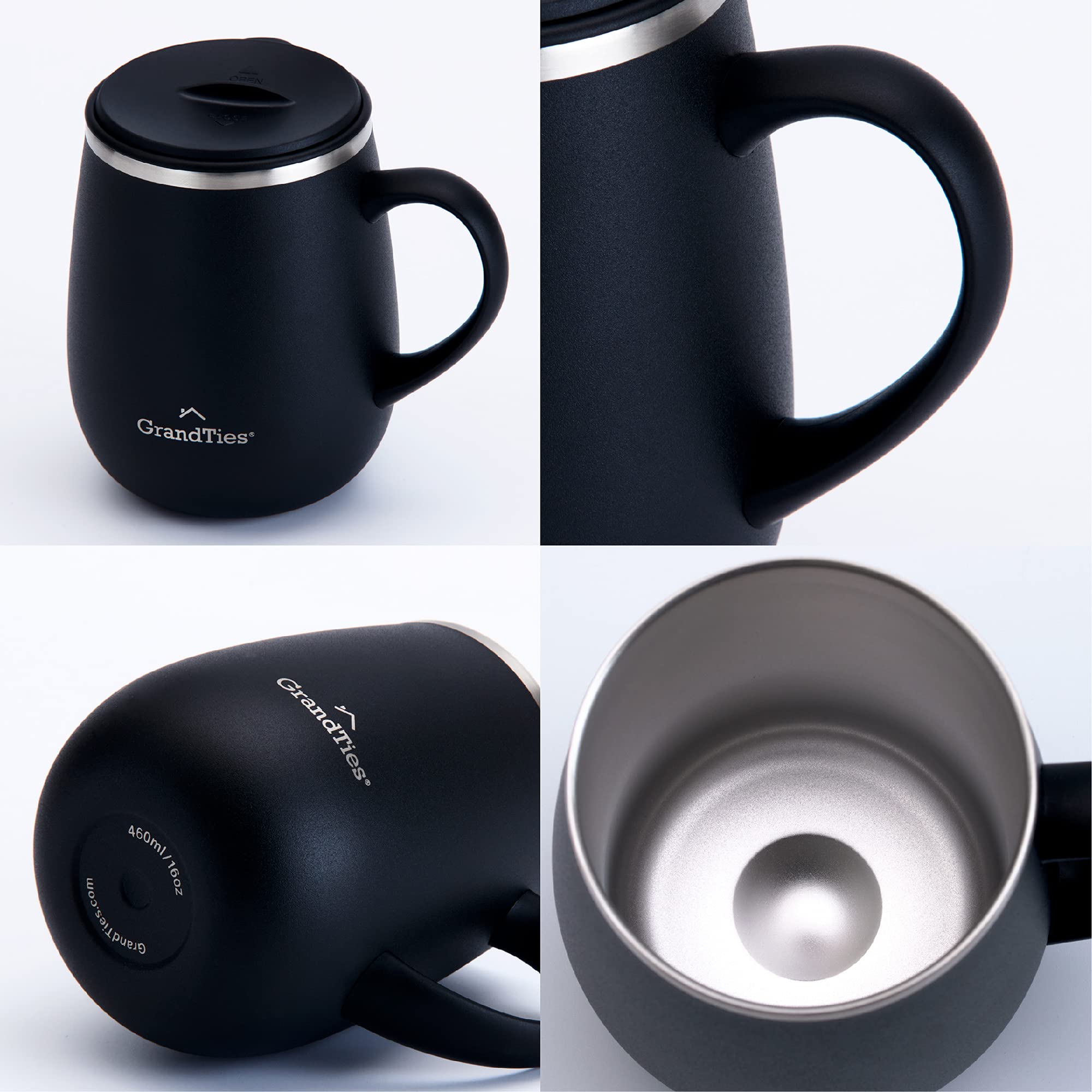 GRANDTIES Insulated Coffee Mug with Handle - Sliding Lid for Splash-Proof 16 oz Wine Glass Shape Thermos Tumbler with Double Walled Vacuum Stainless Steel to Keeps Beverages Hot or Cold - Black