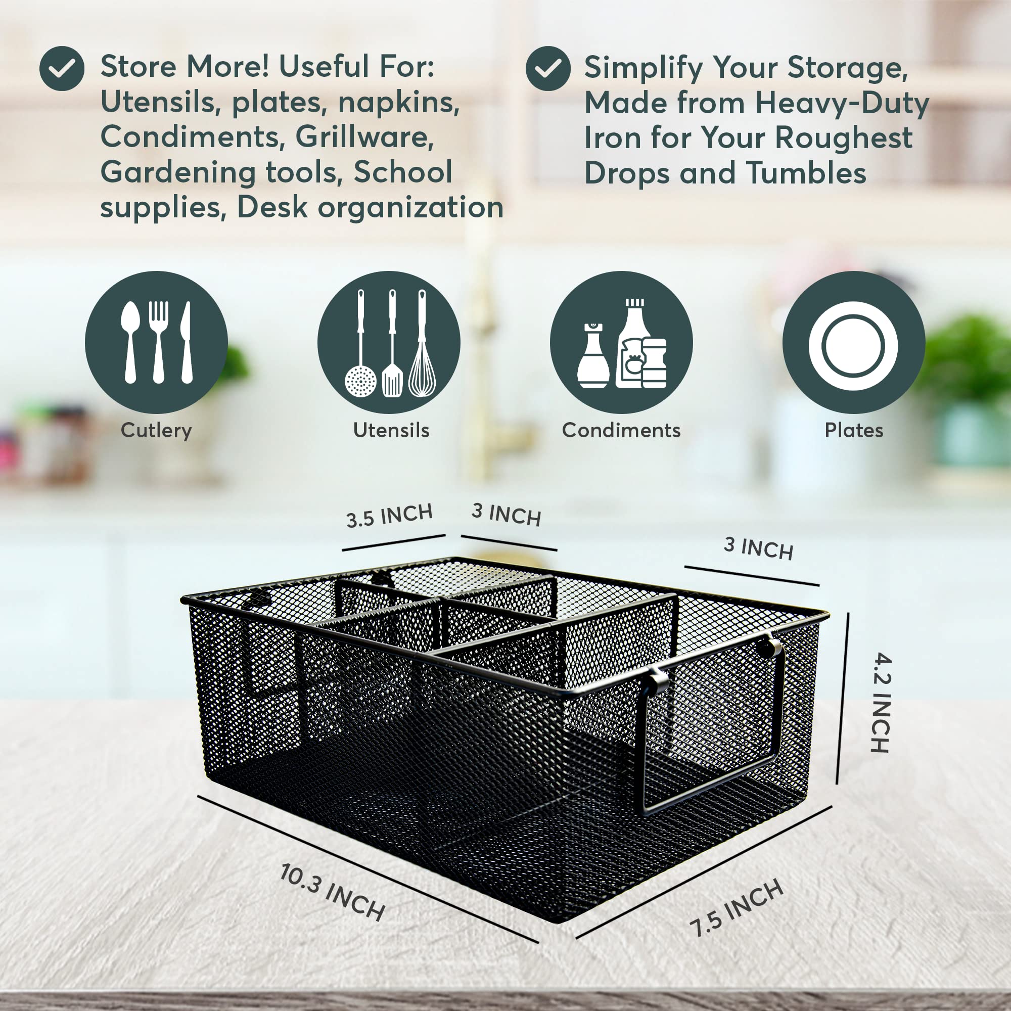 Maypes Utensil Holder for Party Hosting Essentials 4 Silverware Carrier Slots, 1 Small Paper Plate Holder, 2 Side Handles β Condiment Caddy, Grill Caddy Flatware Caddy Outdoor Cutlery Caddy (Black)