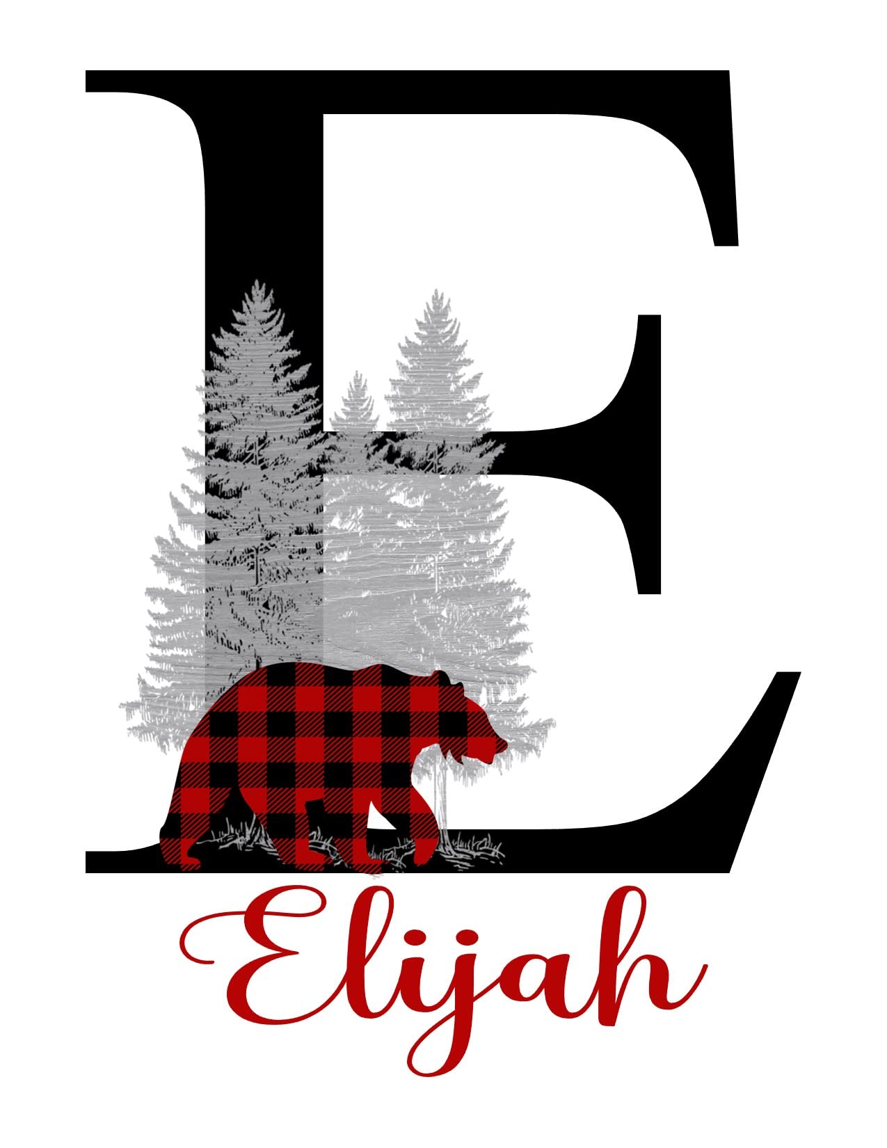 Personalized Woodland Bear Buffalo Plaid Baby Boy Nursery Decor Unframed Print - Baby Name Letter Initial Monogram