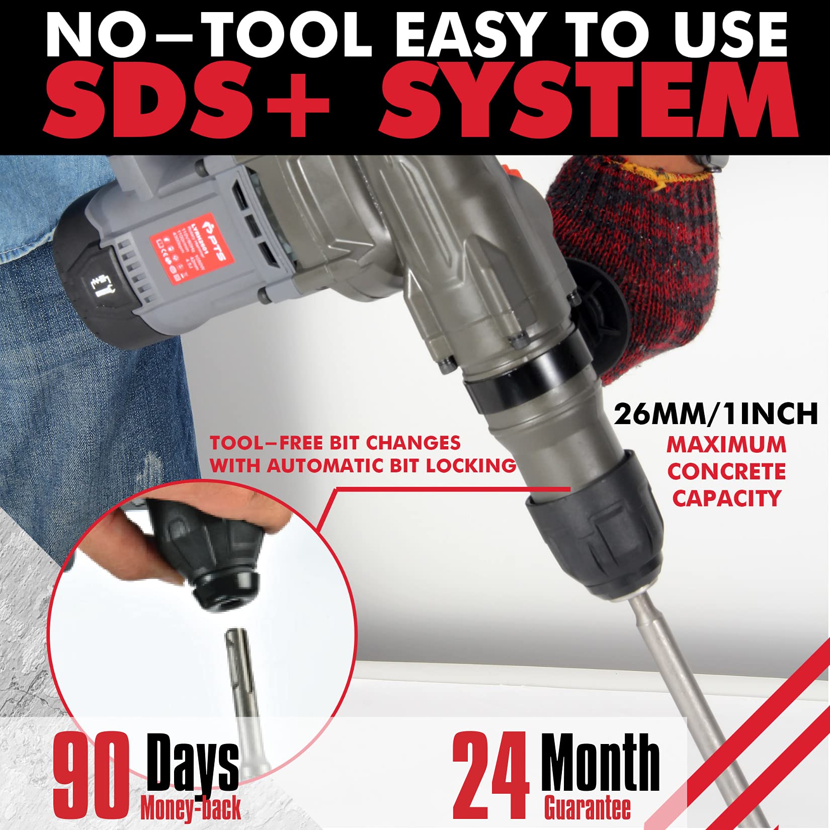 PTS Corded Rotary Hammer Drill 1”26mm 10Amp 110V Combination Rotary Hammer | SDS Plus | 3 Modes | 2x Brushes, Oil Cap Wrench, Grease, 3x Drills, 2x Chisels‚ and Case Set