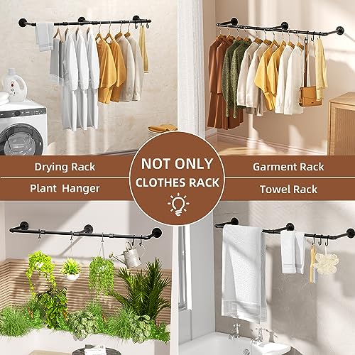 Vintage Clothes Rack, 48" Industrial Pipe Wall Mount Garment Rack, Space-Saving Heavy Duty Clothes Hanger for Closet Storage, 3 Bases, 1-Pack with 6 S-Hooks, Industrial Pipe Wall Mounted Closet Rod