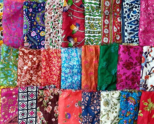 Vintage Fabrics Crafts Saree Silk Remnants DIY Scraps Fabric Sari Fabric Material 50 Small Pieces Small Floral Pieces for Art and Craft Scrapbook Art Doll Junk Journal