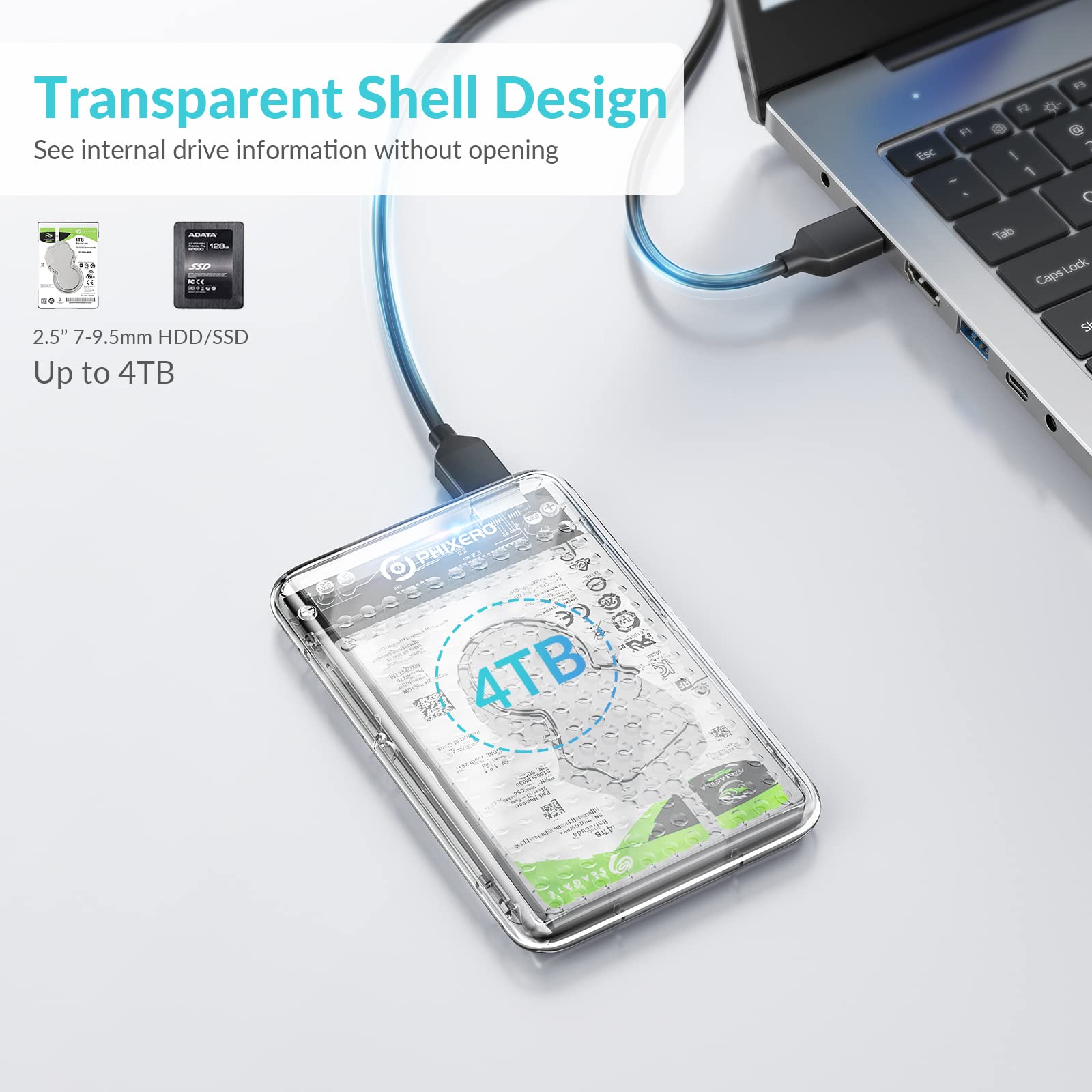 PHIXERO 2.5" Hard Drive Enclosure, 6Gbps USB 3.1 Gen 1 to SATA III Tool-Free SSD Hard Drive Enclosure for 2.5 inch 7mm/9.5mm SATA HDD & SSD [UASP Supported] Transparent