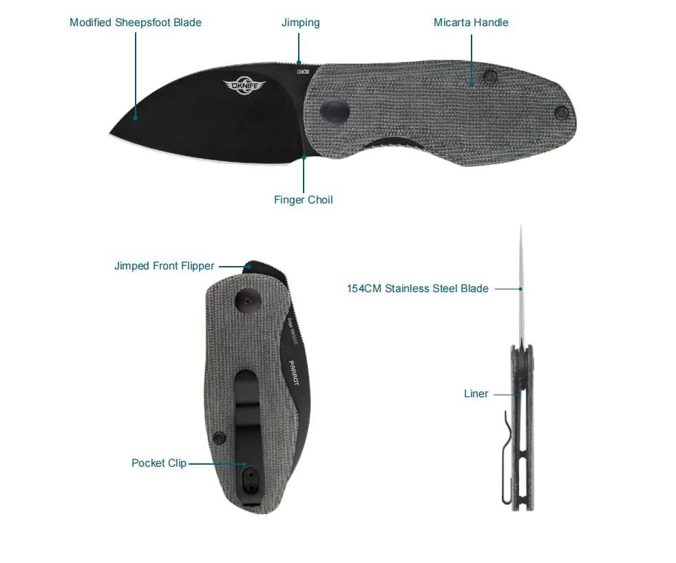 OKNIFE Parrot Pocket Knife, Folding EDC Knives with 154CM Stainless Steel Sheepsfoot Blade and Micarta Handle for Outdoor Camping, Survival and Gift for man (Black)