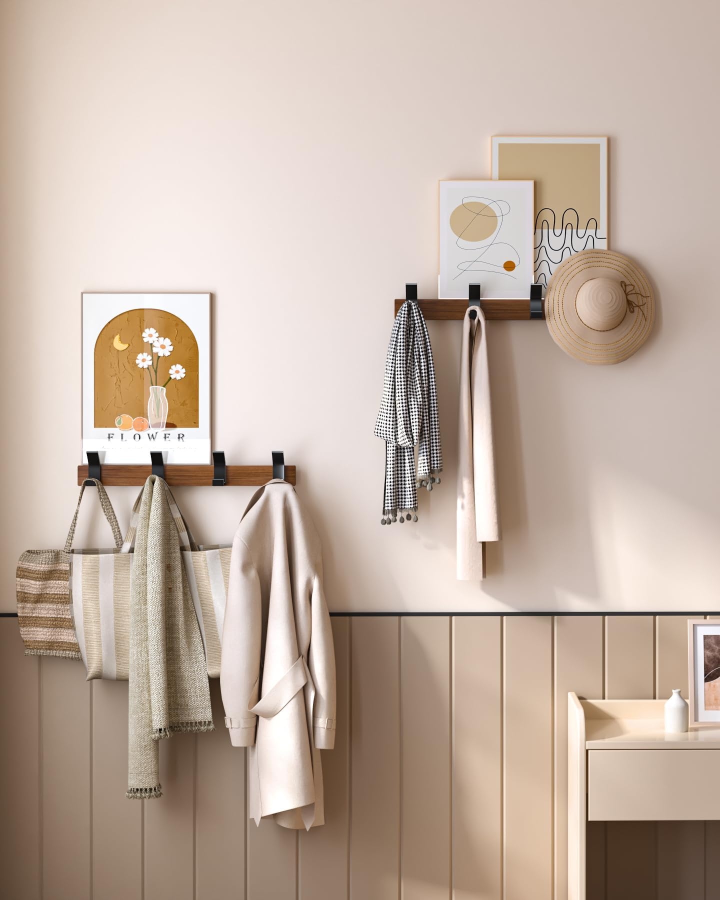 Statiem Coat Rack Wall Mount Coat Hooks, Wooden Black Coat Rack with 4 Hooks Aluminum Wall Hook Rack for Hanging Coat Hat Bag Towel Hanger Rustproof Walnut Wood Coat Holder 15.7 Inches