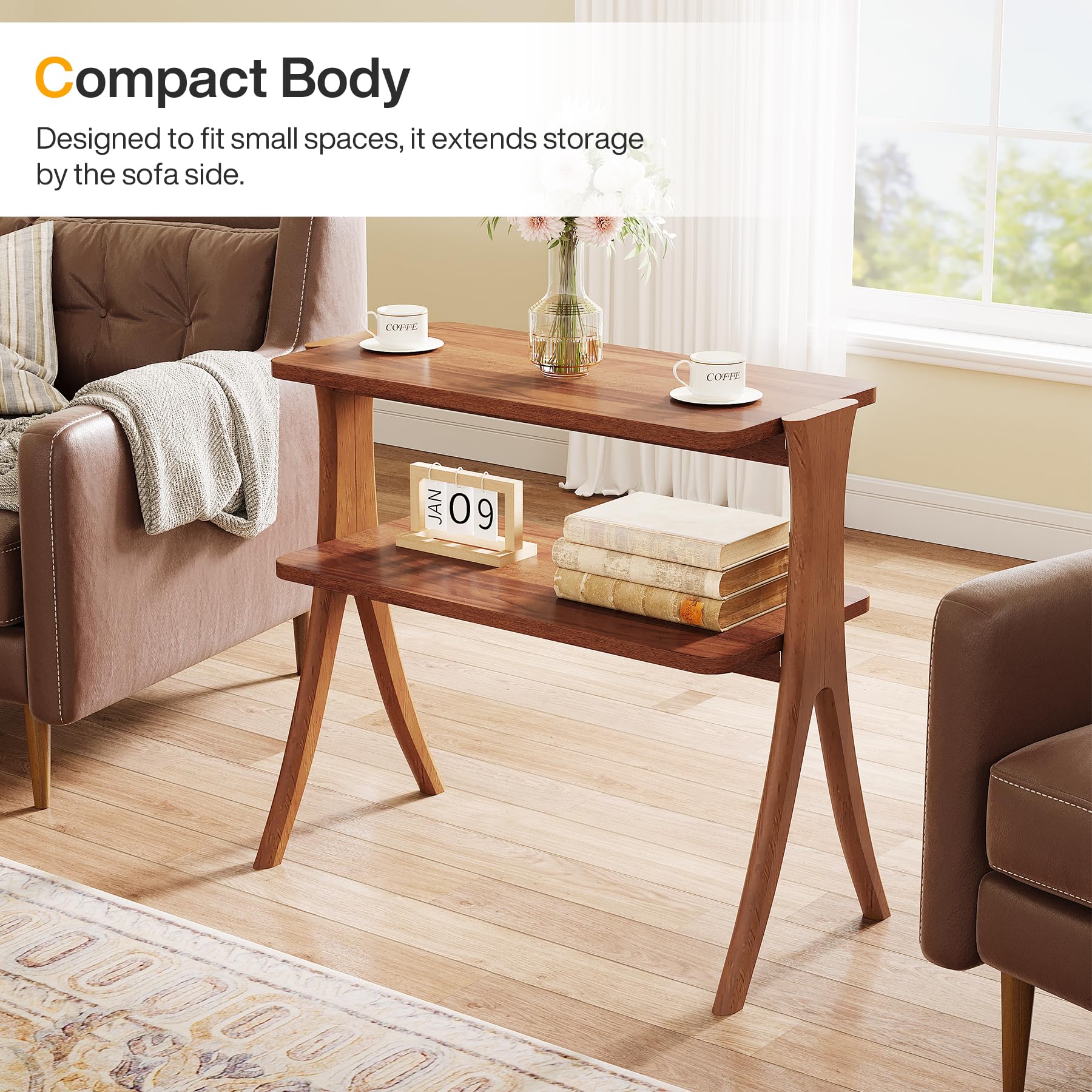 Tribesigns Narrow Side Table for Living Room, Farmhouse End Table with 2-Tier Storage Shelf and Solid Wood Legs, Slim Modern Bedside Table Nightstand for Bedroom, Small Spaces, Entryway, Walnut (2)