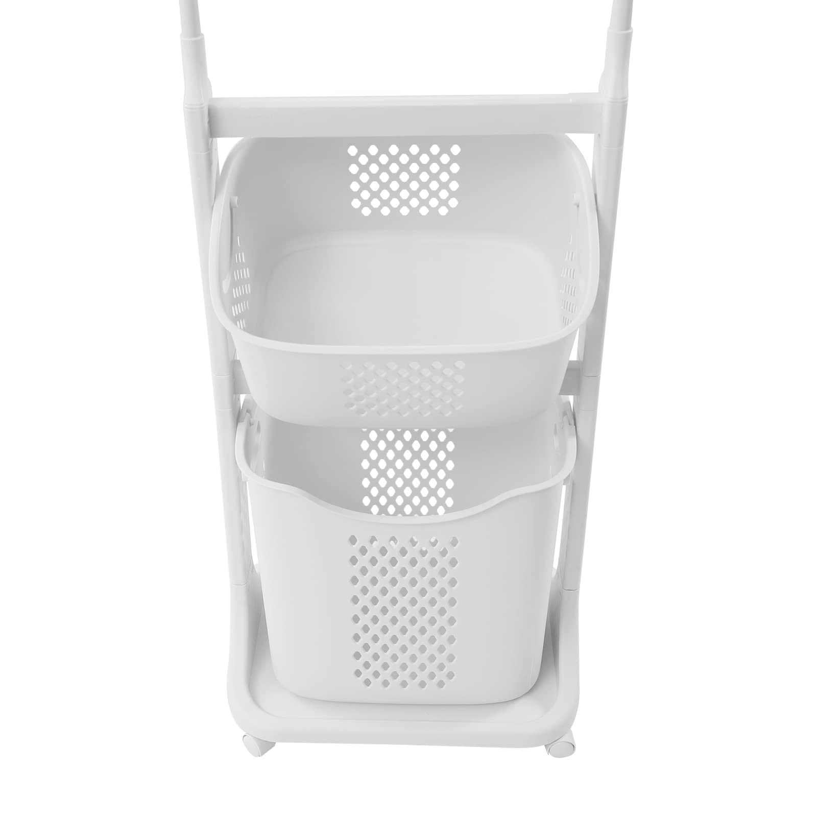 Sootvp Rolling Laundry Hamper Cart with Wheels and Hanging Bar, 2 Tier Rolling Laundry Basket Laundry Basket Organizer,Laundry Sorter for Laundry Bedroom Bathroom w/ 2 Removeable Baskets
