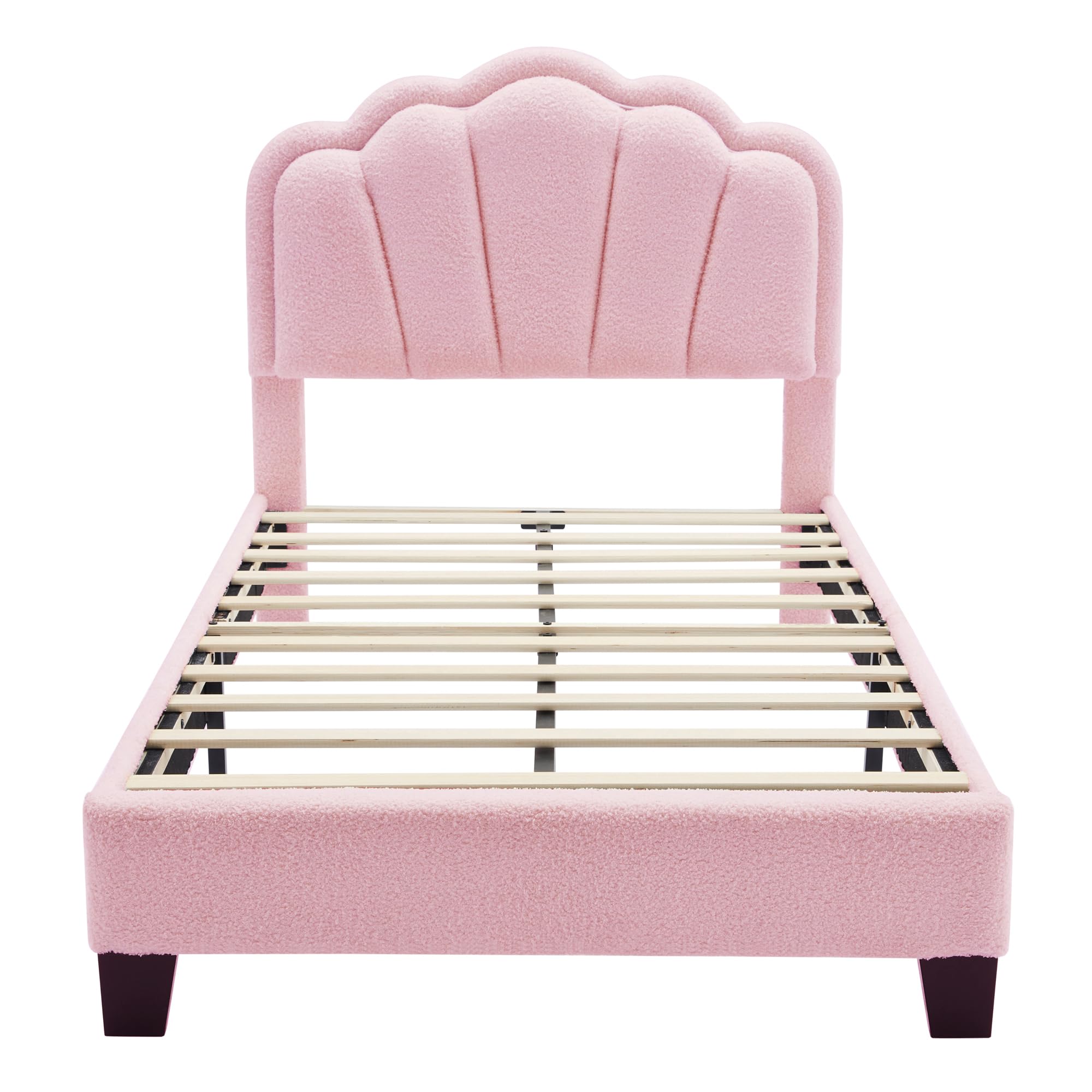 SOFTSEA Twin Upholstered Bed with LED Lights, Adjustable Headboard, Princess LED Bed Frame with Shell Headboard, Fleece Platform Bed for Kids Girls, Wood Slats Support, White