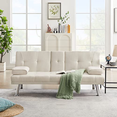 Verfur Convertible Futon Bed with Cupholders,Modern Upholstered Loveseat Sleeper, Folding Lounge Recliner Comfy Sofa & Couches Sofabed, White