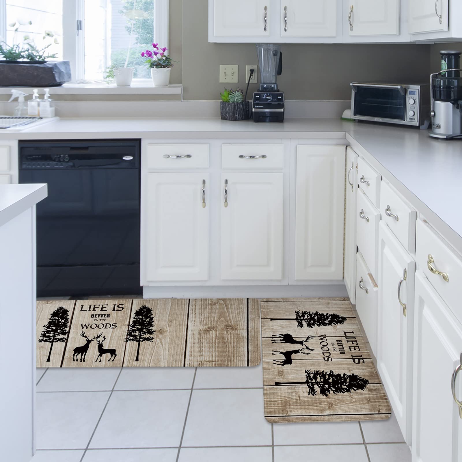 Kitchen Rugs Sets 2 Pces, Christmas Life is Better in The Woods Elk Deer Trees Silhouettes Rustic Old Wooden Floor Mats Non Skid Door Rugs Runner Rug for Kitchen, Bathroom, Living Room, Laundries