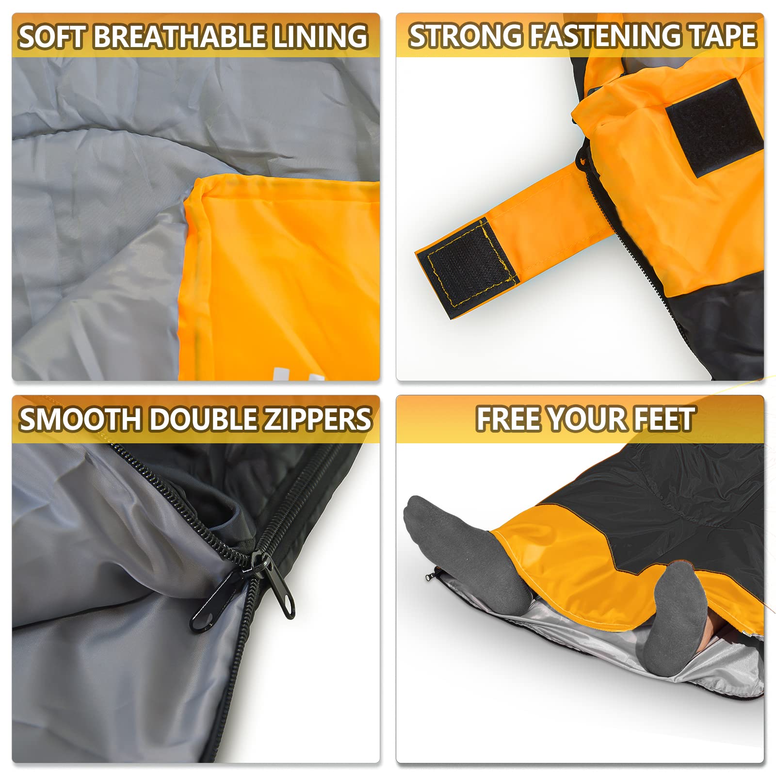 HIKPEED Backpacking Sleeping Bag, Sleeping Bag for Kids Adults Teens - Lightweight Compact Hiking Camping Sleeping Bag, Suitable for 3 Seasons Warm & Cool Weather (Black+Orange)