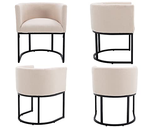 VESCASA Linen Upholstered Dining Chairs with Barrel Back, Mid Century Modern Padded Restaurant Chairs with Black Metal Frame for Kitchen, Dining Room, Set of 6, Cream