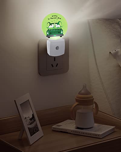 St.Patrick Day Gnomes Truck Night Lights Plug into Wall, Buffalo Plaid Green Shamrocks Auto Round LED Lights with Dusk to Dawn Sensor for Bedroom, Bathroom, Hallway, Kitchen, Kids, Home Decor