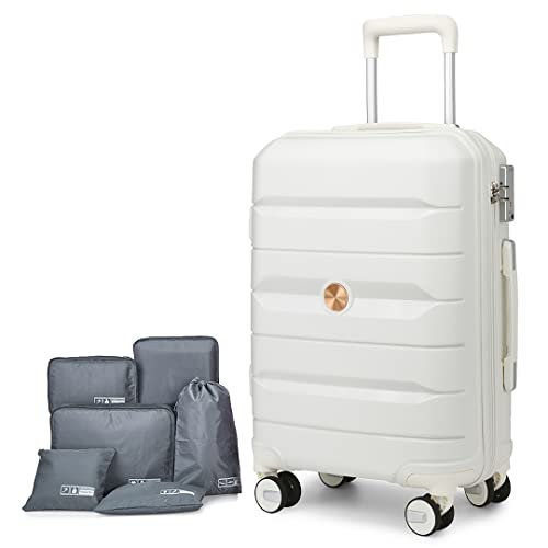 Somago PP Hardside Luggage with Spinner Wheels Suitcase with TSA Lock, Creamy White, Checked-Large 28-Inch