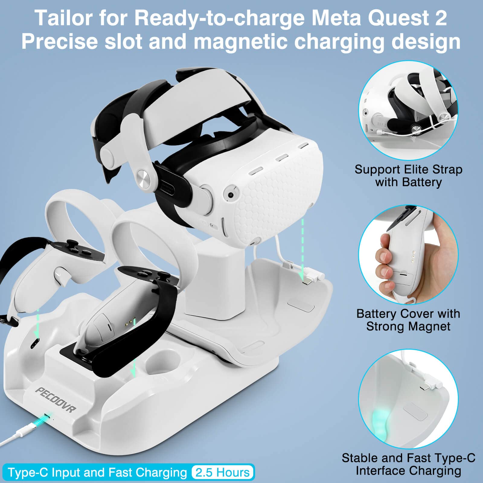PECOOVR Charging Dock for Oculus Quest 2 (Support Elite Strap with Battery), VR Charging Stand for Meta Quest 2, Headset Holder and Controller Magnetic Charging Station with Rechargeable Batteries