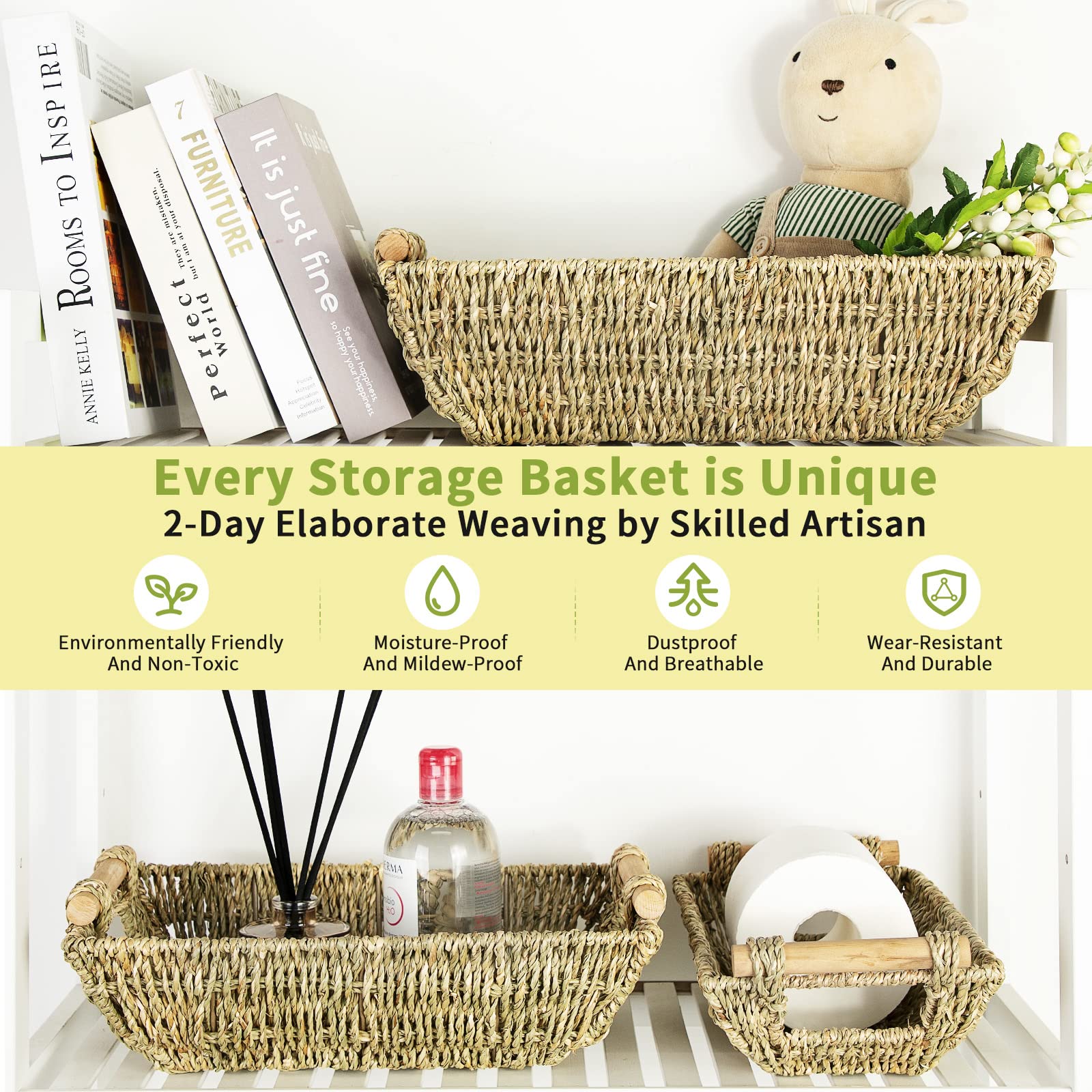 Kenvc Small Wicker Baskets, Seagrass Baskets Set of 3(11/''+13/''+15/''),Wicker Baskets for Storage, Wicker Storage Basket, Seagrass Storage Baskets with Wooden Handles, Natural (Seagrass)
