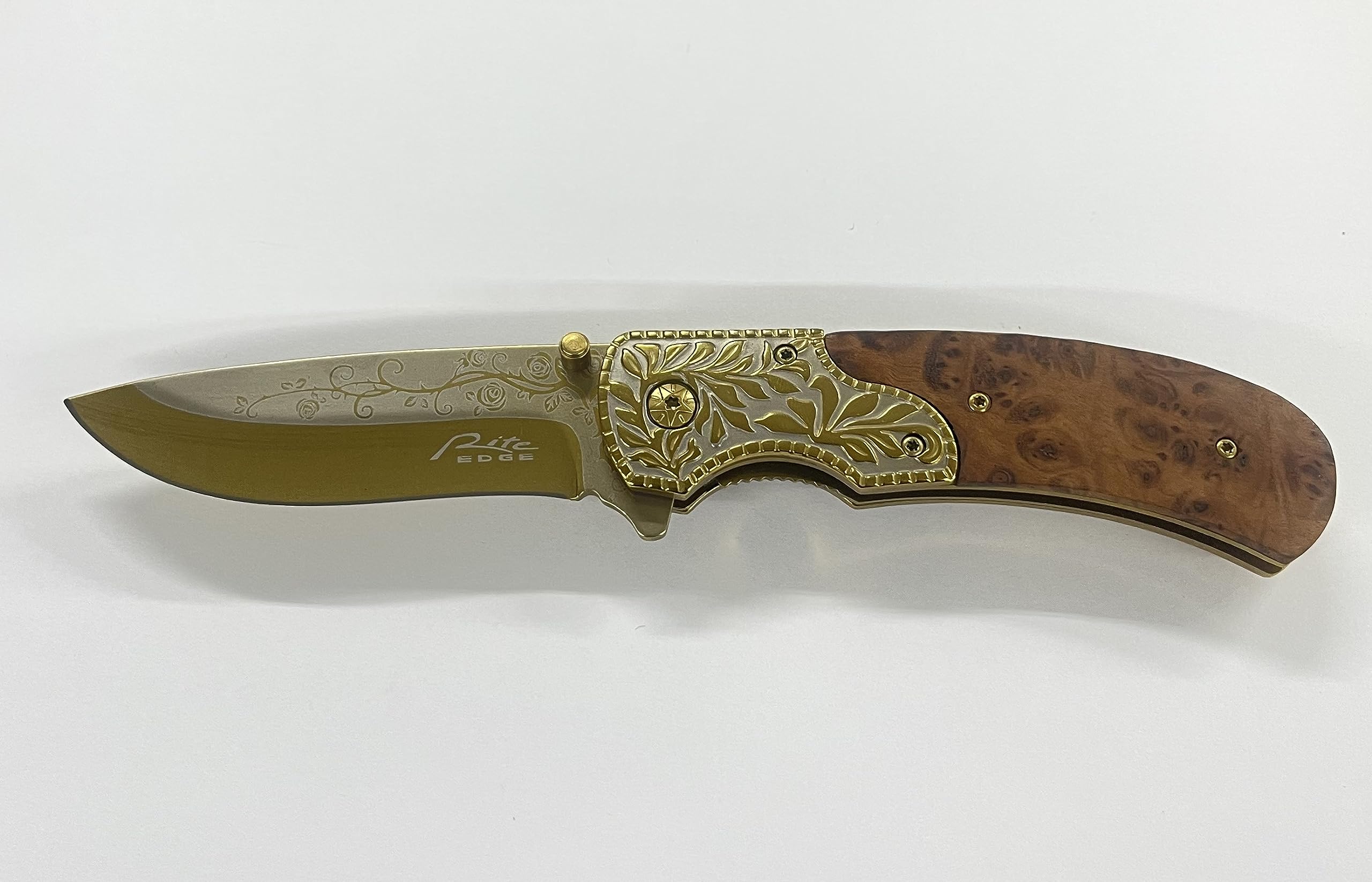Personalized Laser Engraved 4.75" BURLWOOD FOLDER Pocket Knife, Fathers Day,Graduation Gifts, Gifts for Men Free Engraving (Gold)