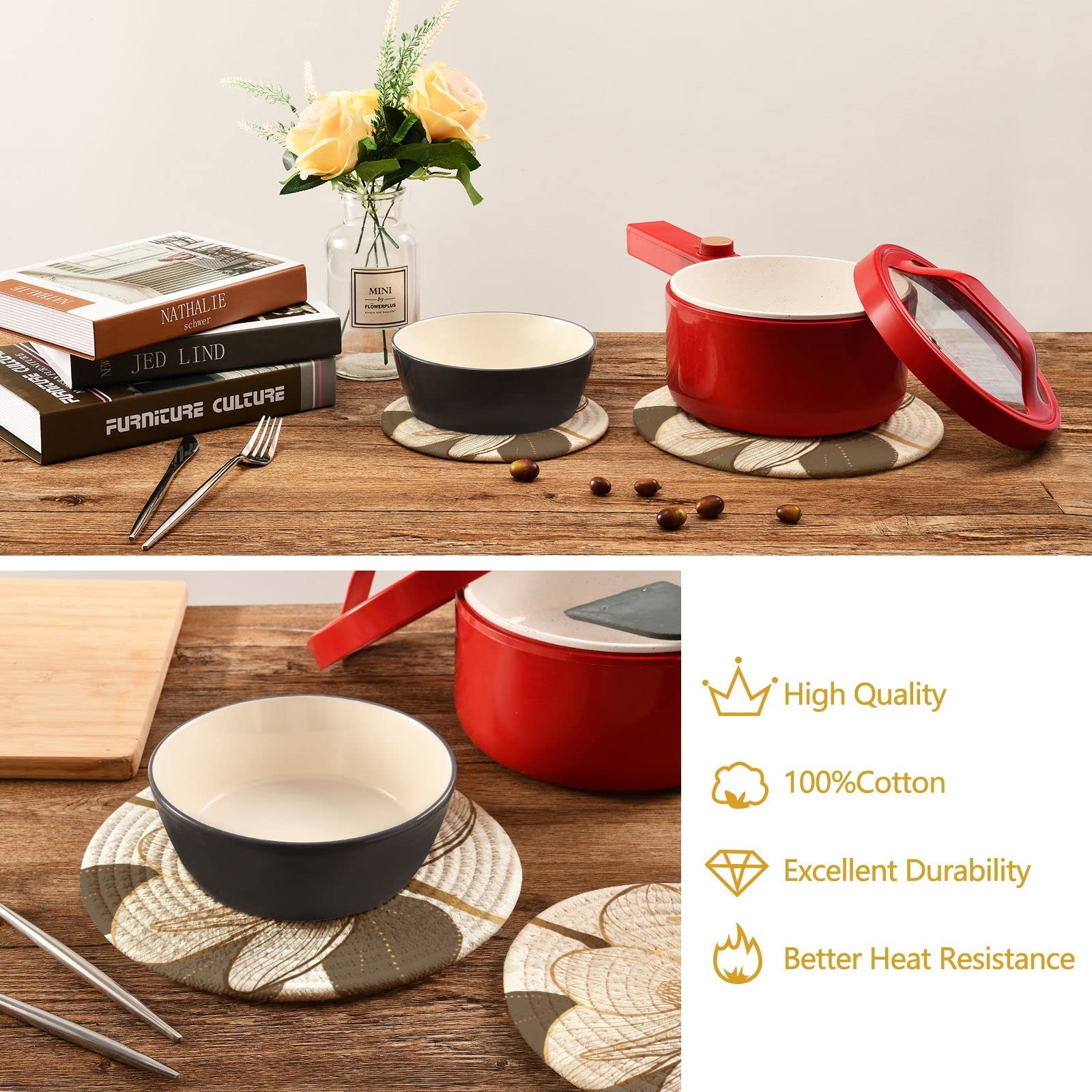 Magnolia Flower Golden Trivets for Hot Dishes Pot Holders Set of 2 Pieces Hot Pads for Kitchen Cotton Round Trivets for Hot Pots and Pans Placemats Set for Kitchen Countertops Decor
