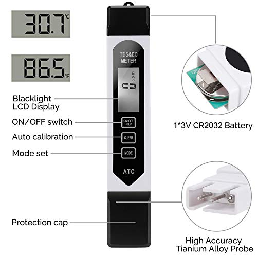 Professional Water Quality Tester,EC TDS meter, 4 in 1 Portable High Precision Digital TDS PPM Meter, Ideal ppm Meter for Drinking Water, Hydroponics and Water purifier