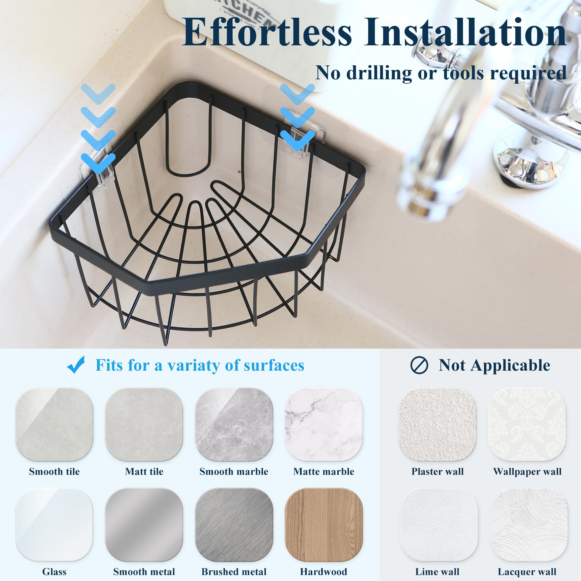 Sea Team Adhesive Corner Caddy, Sink Organizer, Soap, Drain Plug, Sponge Holder, Multifunctional Rustproof Carbon Steel Storage Basket, Wall Mounted Shelf Rack for Kitchen, Bathroom, Charcoal