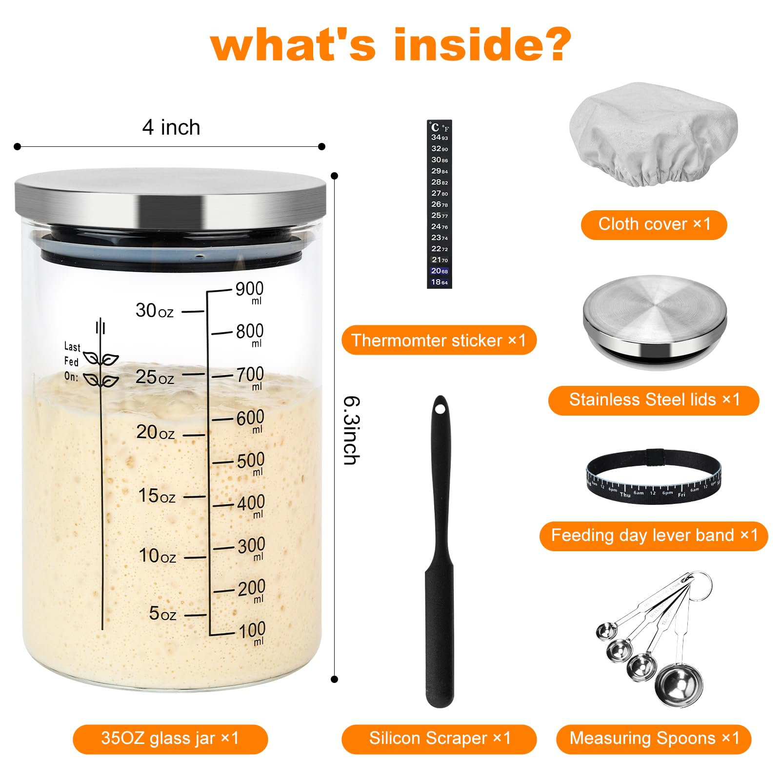 Sourdough Starter Jar 2PACK | Wide Mouth 35oz with Ounce&ML Scale line,Date Marked Feeding Band,Thermometer,Sourdough Jar Scraper,Cloth Cover & Stainless Steel Lid,Measuring Spoons,Complete Kit