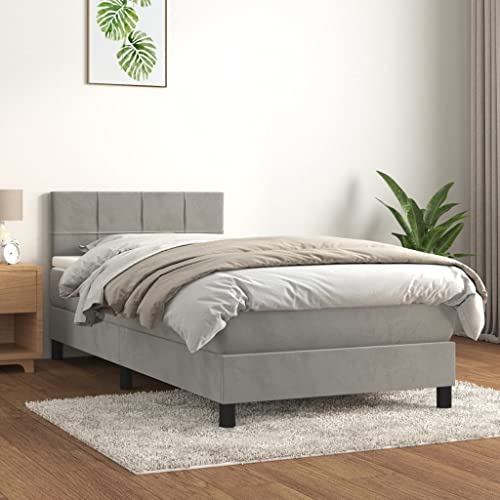 vidaXL Bed Frame, Box Spring Bed Single Platform Bed with Mattress, Bed Frame Mattress Foundation with Headboard for Bedroom, Light Gray Twin Velvet