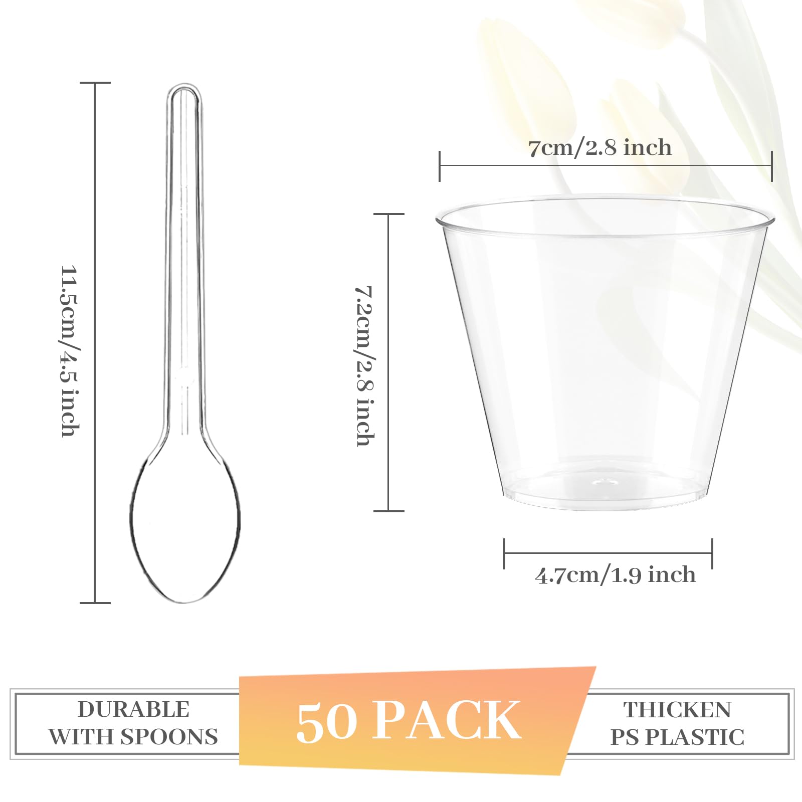 TOFLEN 50 Pack 5 oz Mini Dessert Cups with Spoons, Round Cake Cups Party Serving Cups for Parfait, Appetizers, Cocktails, Dessert Shooters & Dessert Shot Glasses