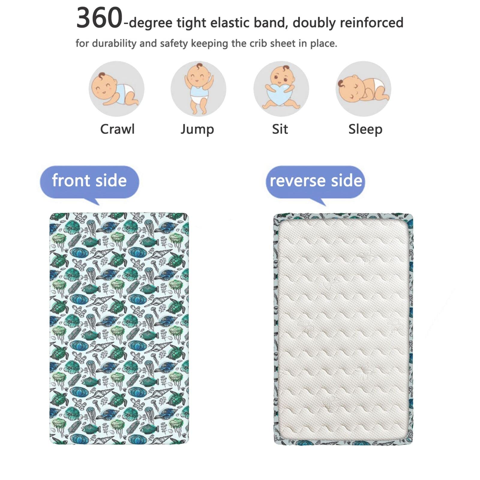 Sea Turtle Themed Fitted Crib Sheet,Standard Crib Mattress Fitted Sheet Soft Toddler Mattress Sheet Fitted-Crib Mattress Sheet or Toddler Bed Sheet,28β x52β,Baby Blue Black Multicolor