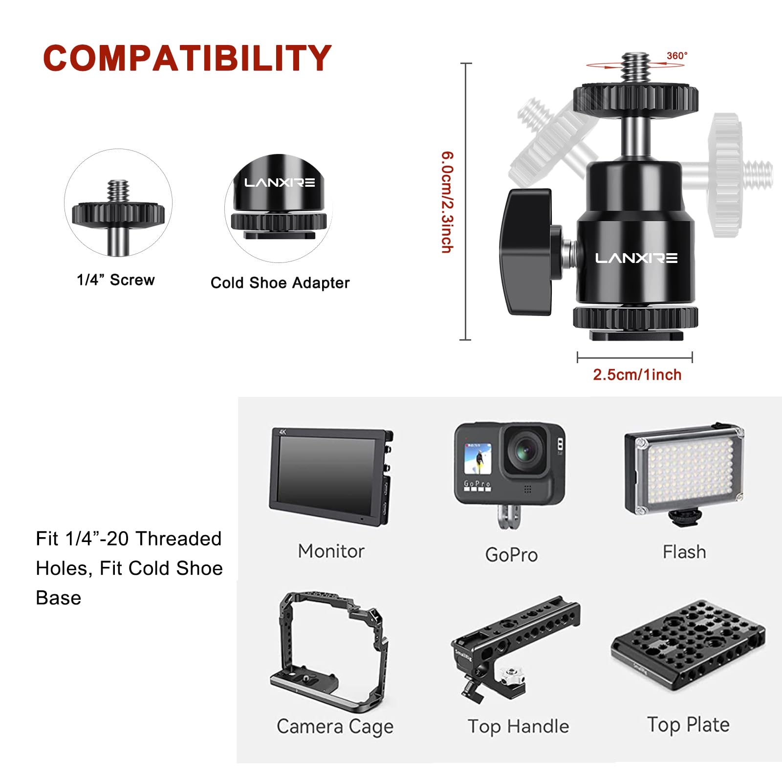 Lanxire Super Clamp Mic Clip Mic Mount with Mini Ball Head for Microphones - Max Load 4.4lb/2kg - 1/4ββ Female to 5/8ββ Male Thread Adapter Included