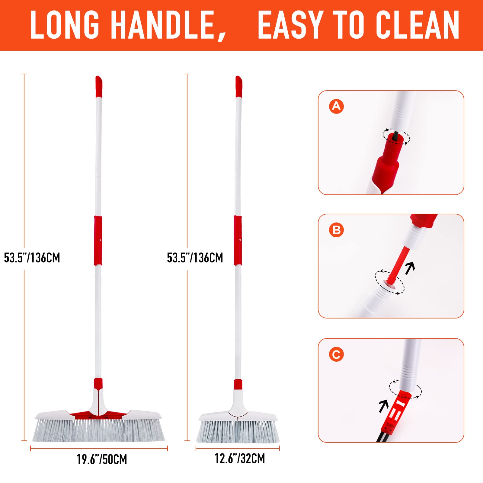 Rebussin® Magic Broom 20 inch - Sweeper with Retractable Head and Thin Bristles for Cleaning Home Kitchen Patio Hall Malls 2023 Upgrades(White with Red)