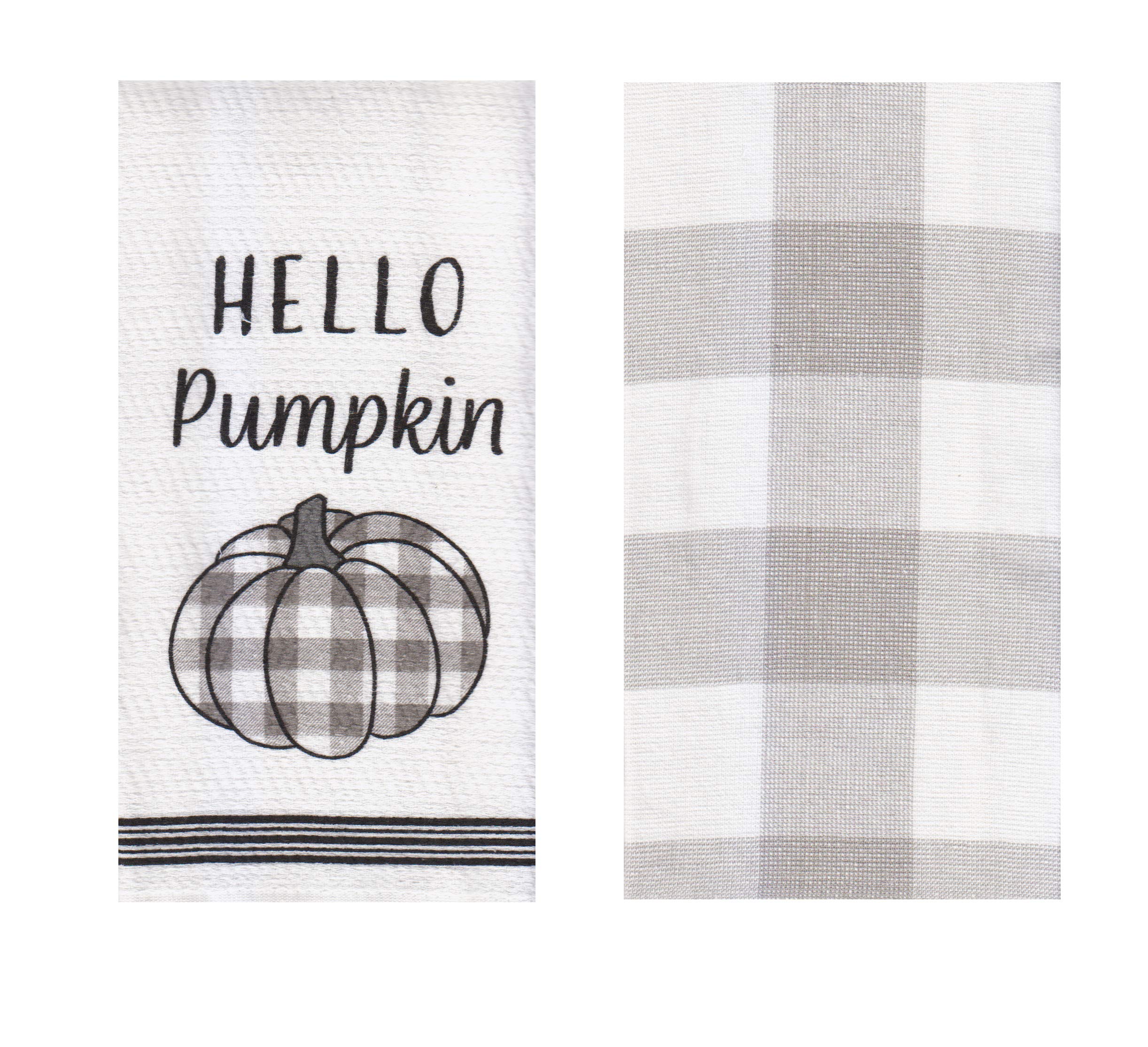 Mainstream Hello Pumpkin Kitchen Hand Towels, Grey and White Checked Buffalo Plaid, Set of 2 Coordinating Cotton Dishtowels for Fall and Thanksgiving Decorating, 16 x 26 inches