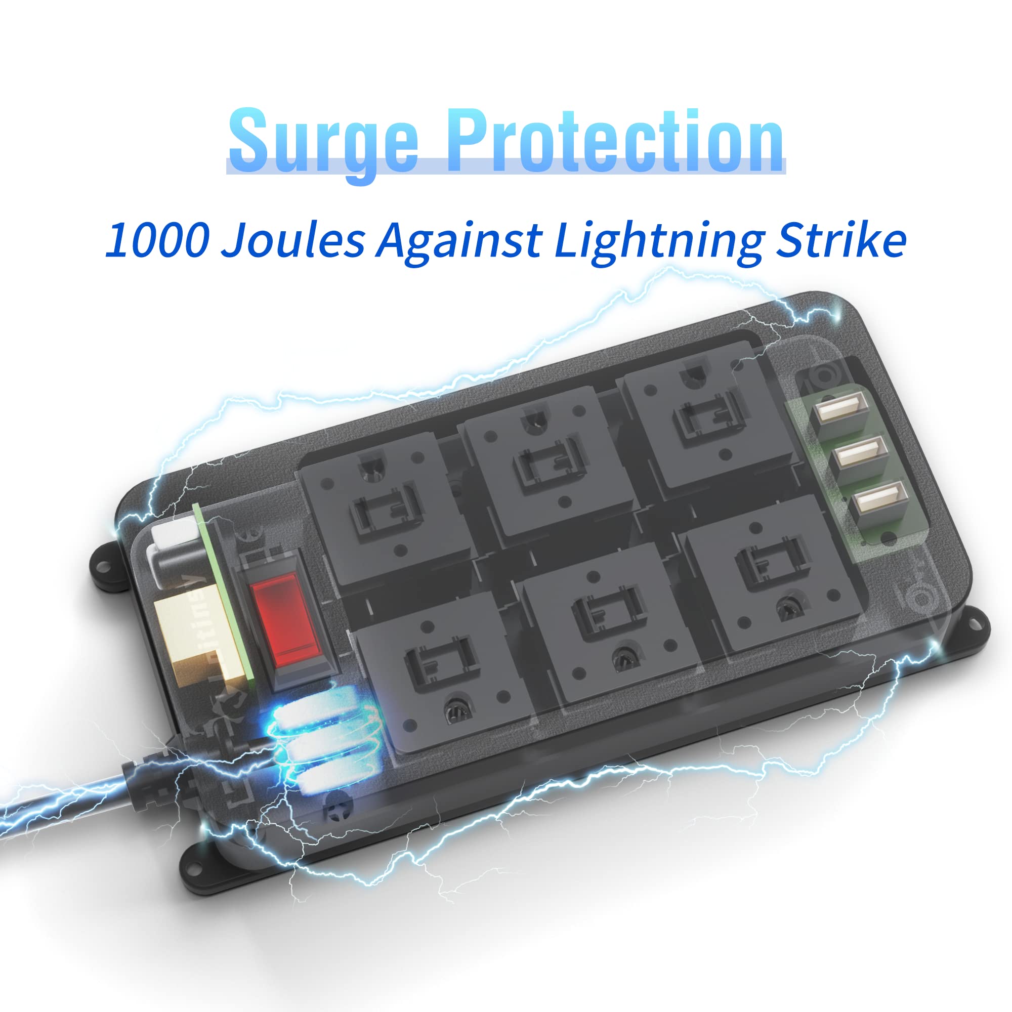 Outdoor Power Strip Weatherproof, 6 Outlets Waterproof Surge Protector with 3 USB Ports, 6 FT Extension Cord, Shockproof Overload Protection, Wall Mountable for Home Office Patio Porch (Black)