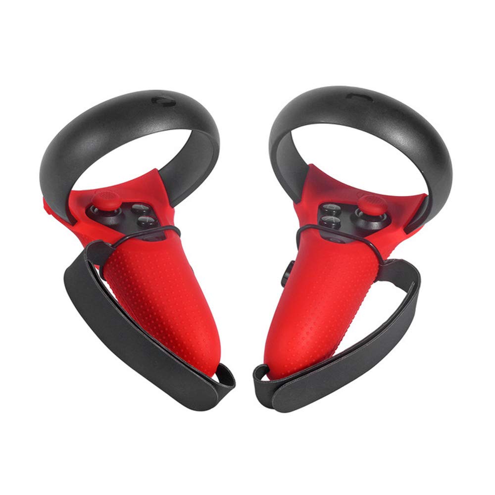 Hooshion 3 Set Handle Non-Slip Silicone Protective Case Joystick Cap Anti-Drop Leather Hand Strap for Oculus Quest/Rift S VR Headset (Red)