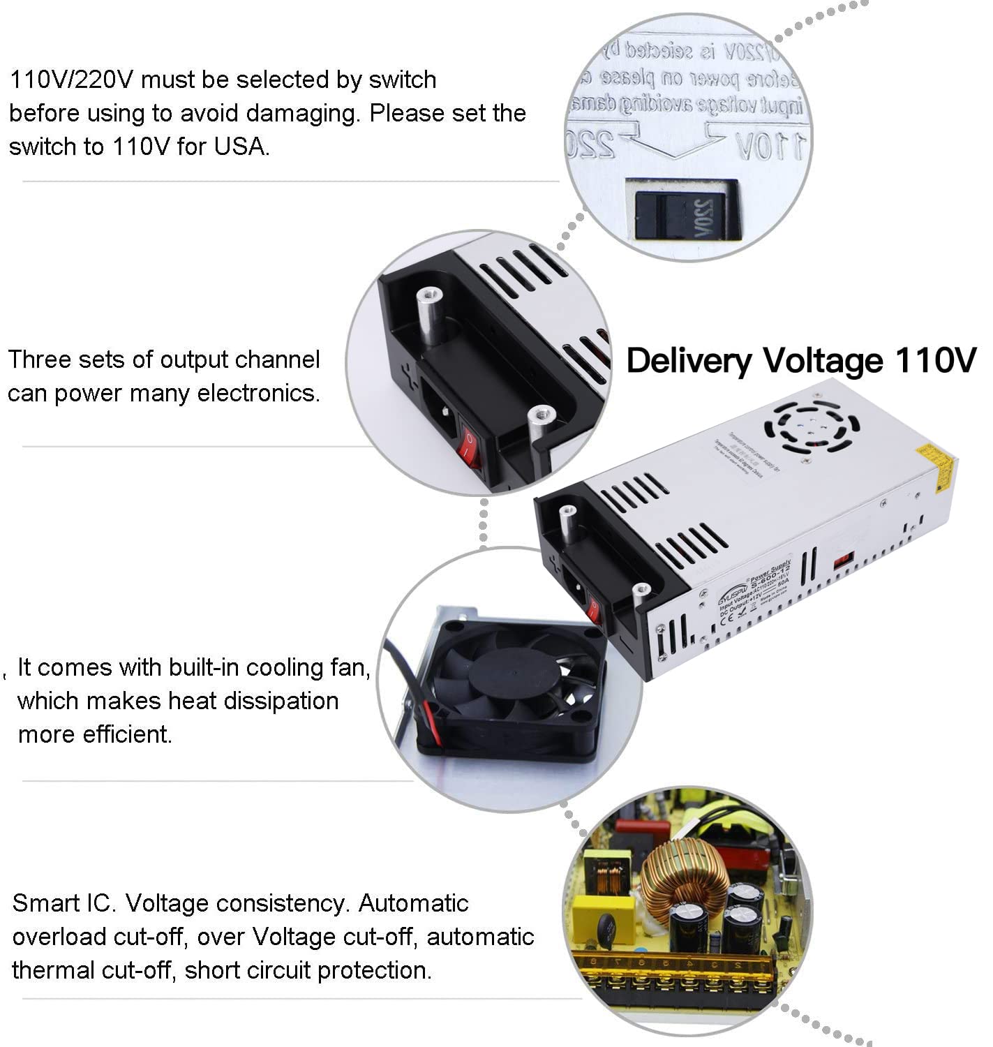 High-Power SMPS 110V/220V AC to 12V DC Converter - 50A 600W Power Supply - Adjustable Switch Transformer for LED Strip, LCD Monitor CCTV, Radio/Car Stereos, 3D Printer - includes 2 Clamp Wires