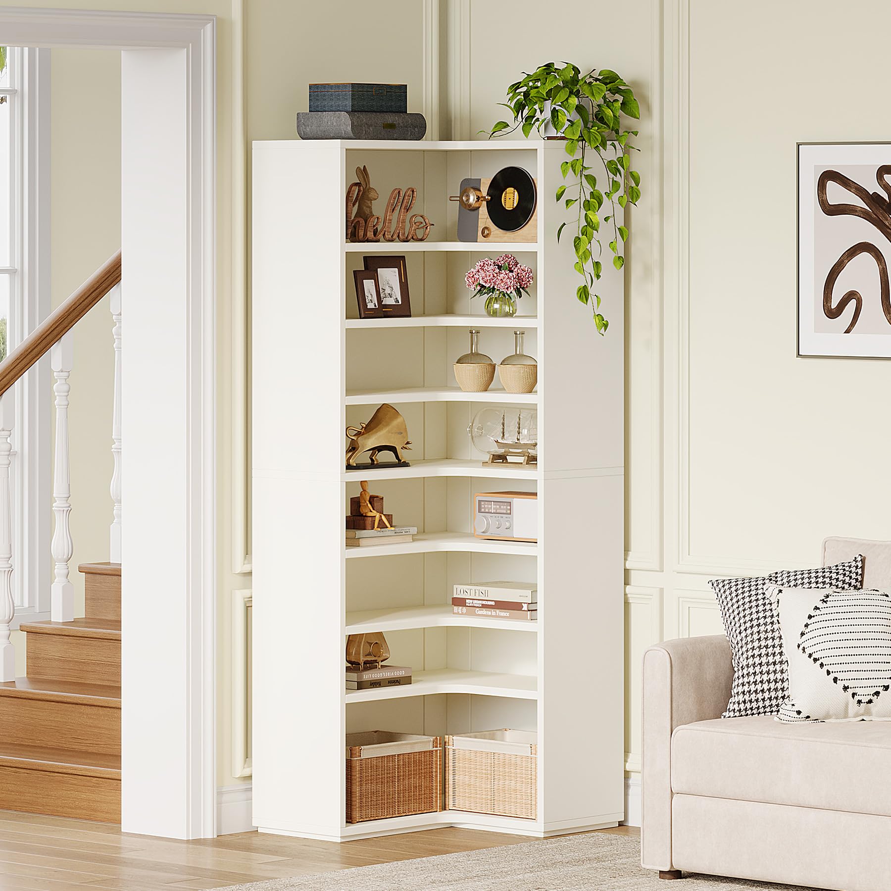Tribesigns 65" Tall Corner Bookshelf, 9-Tier White Corner Bookcase, Modern Large Open Bookcase with Storage Shelves, Wood Display Storage Book Shelf for Living Room, Home Office, Bedroom