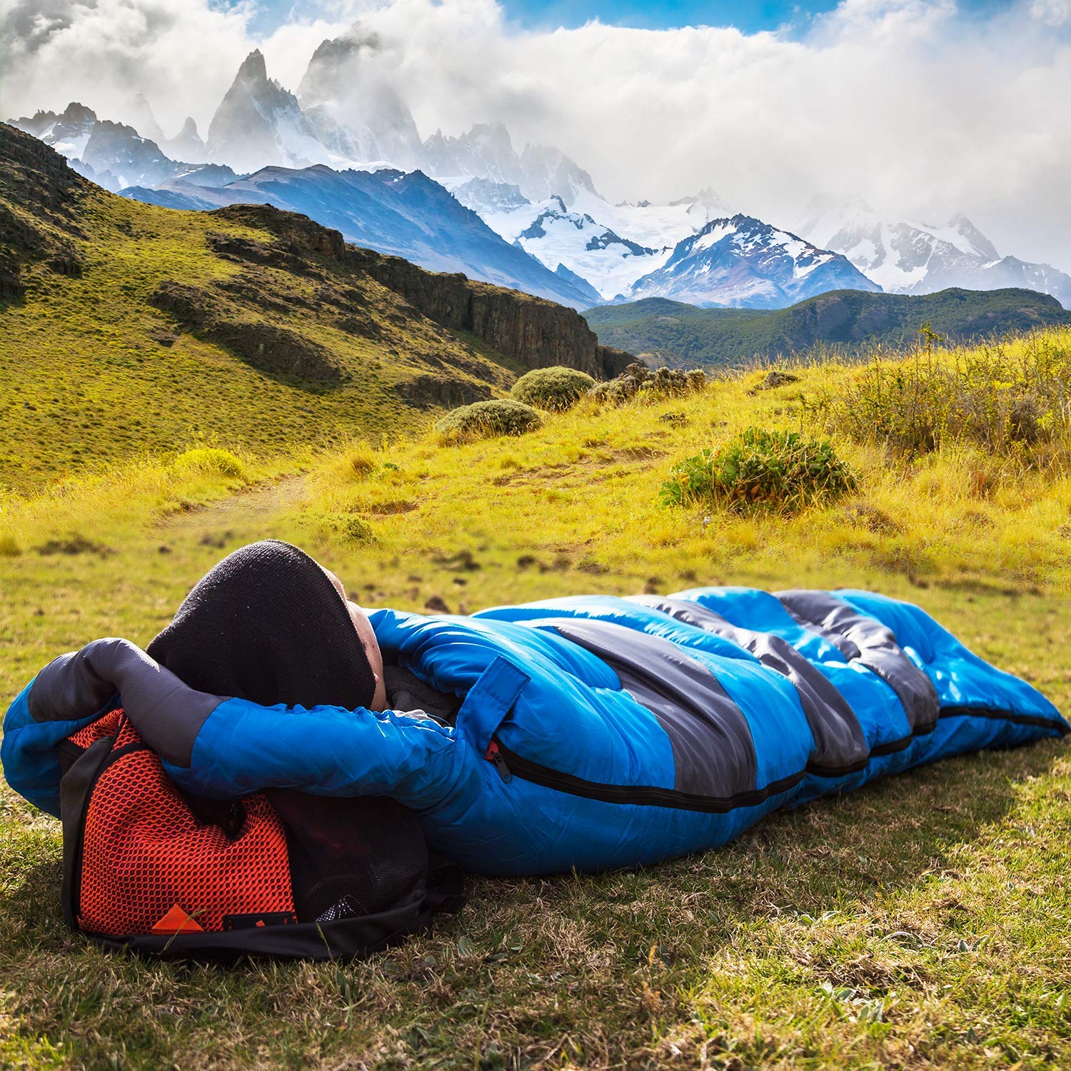 HiHiker Camping Sleeping Bag + Travel Pillow w/Compact Compression Sack – 4 Season Sleeping Bag for Adults & Kids – Lightweight Warm and Washable, for Hiking Traveling & Outdoor Activities (Blue)